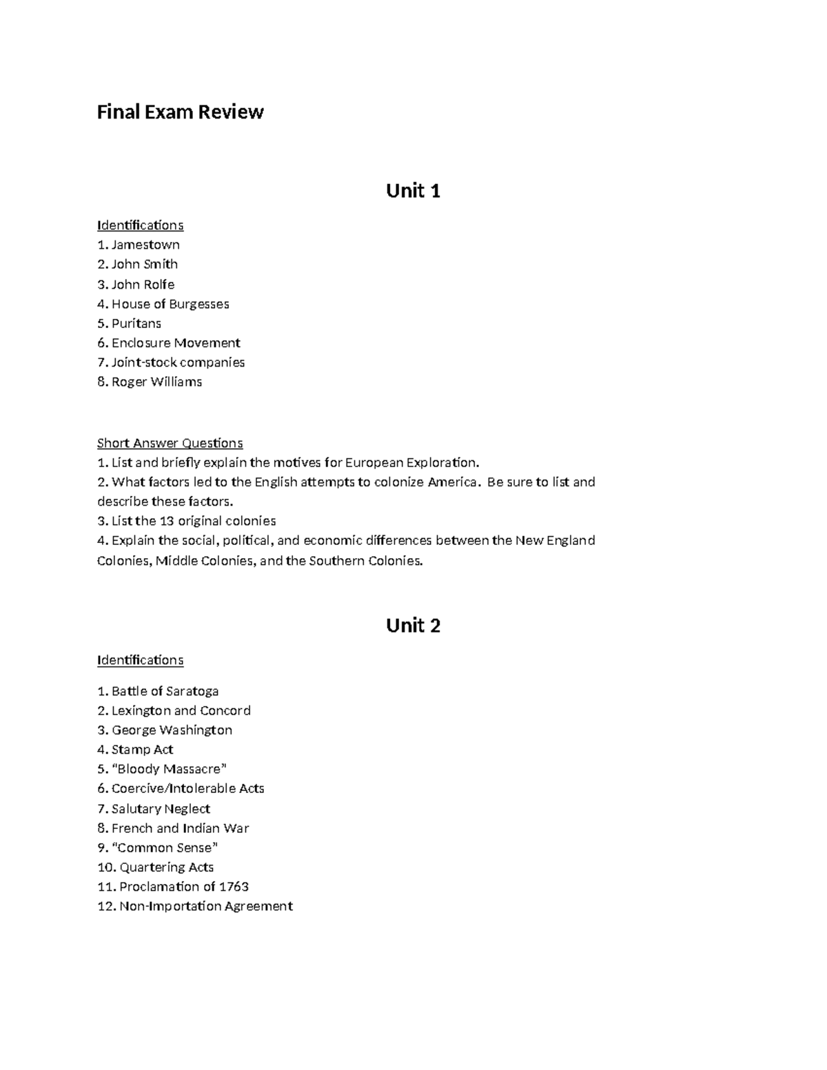 Final Exam Id and SA questions-1 - Final Exam Review Unit 1 ...