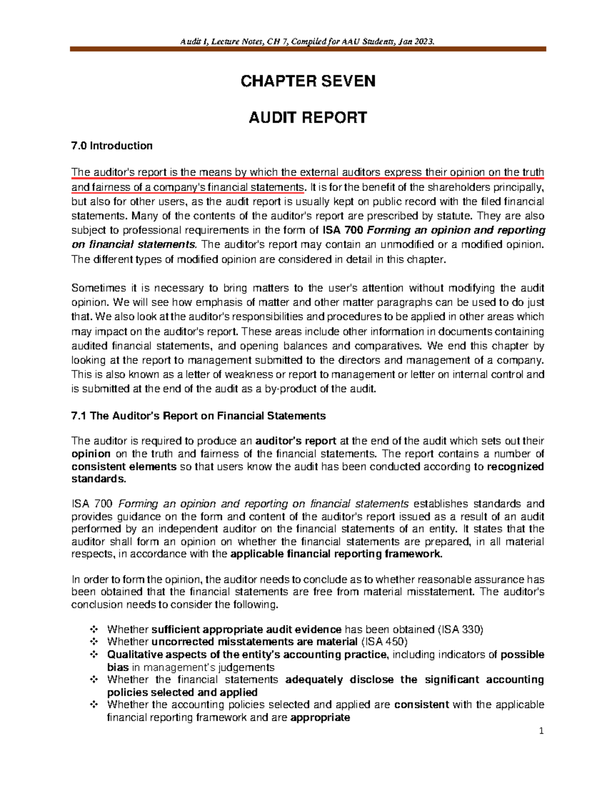 Audit I, Lecture Notes, CH 7: Understanding Audit Reports and Opinions ...