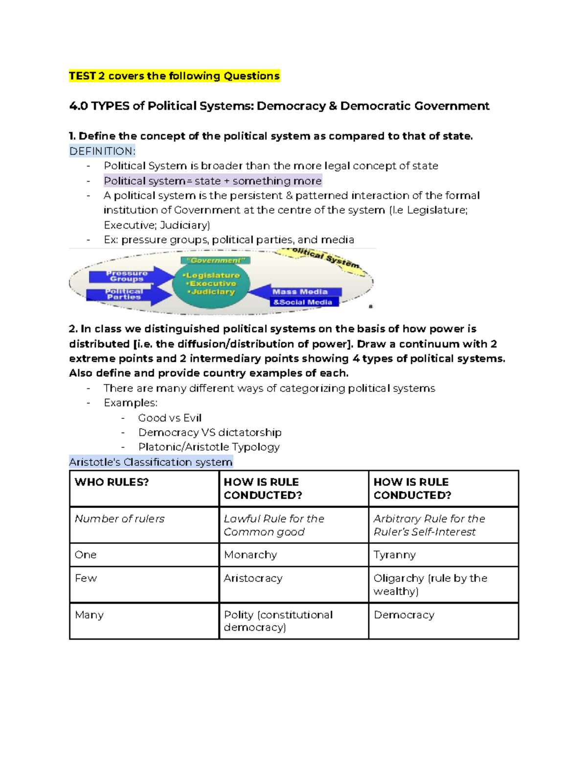 Test 2: Types of Political Systems and Democracy Analysis - Studocu