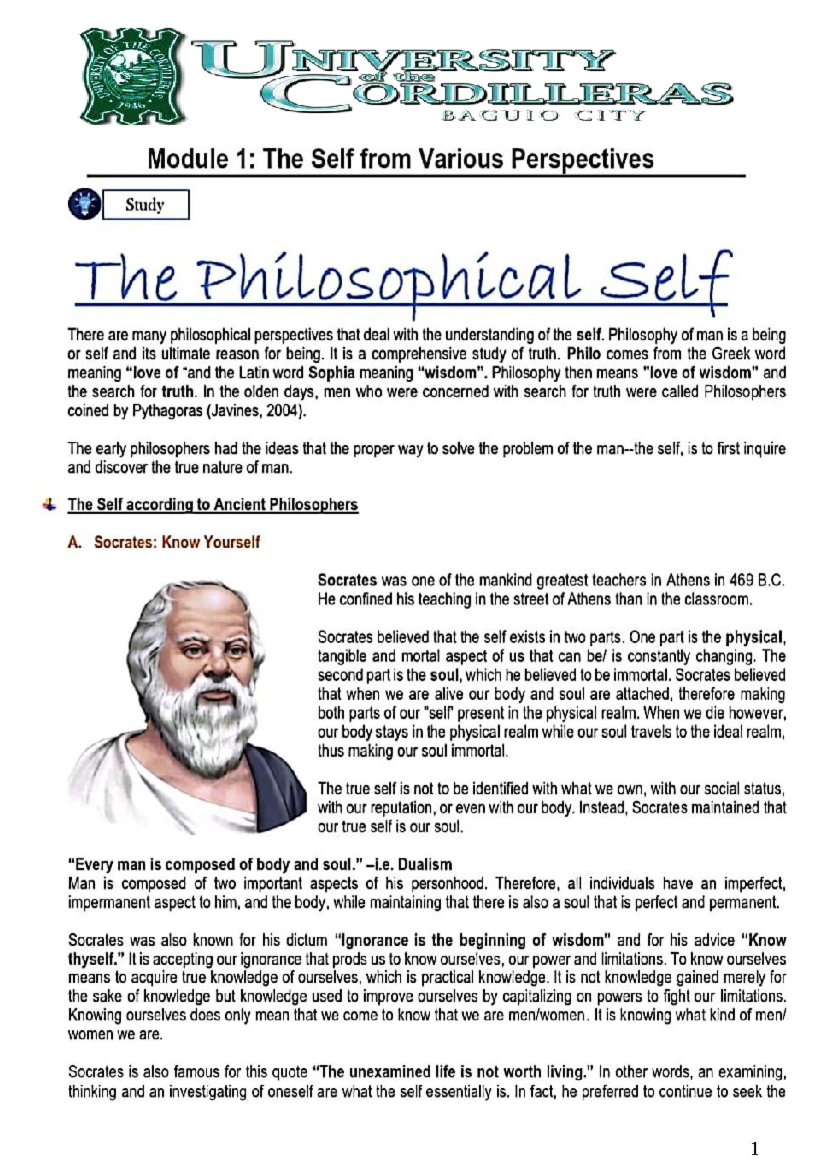 PHIL 101: Module 1 - Understanding the Self Through Philosophy - Studocu