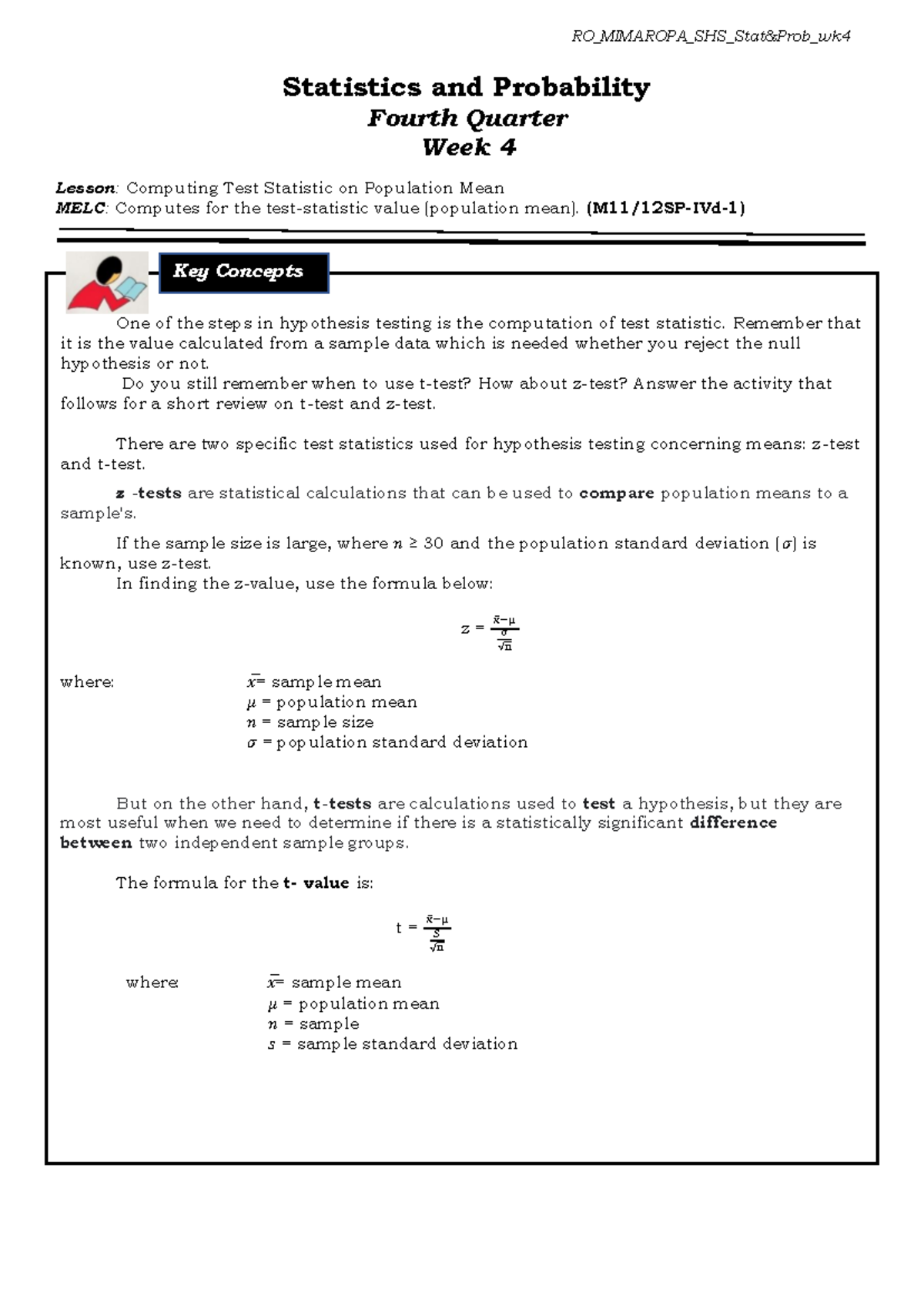 WEEK 4 LESSON ON COMPUTING TEST STATISTIC IN STATISTICS & PROBABILITY ...