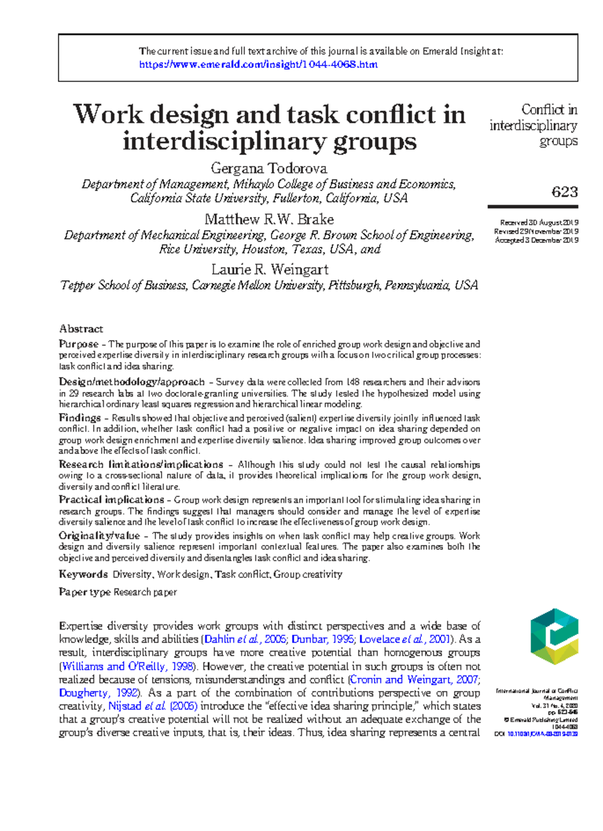 Work Design and Task Conflict in Interdisciplinary Groups: IJCMA 31(4 ...