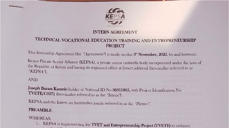 KEPSA Internship Agreement - TVET & Entrepreneurship Project - Studocu