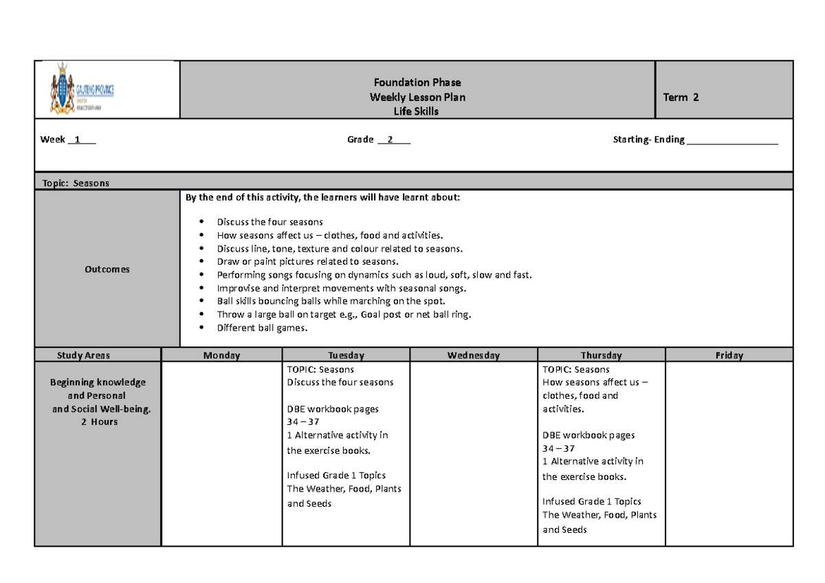 LIFE- Skills- Lesson- Plans- Grade-2-WEEK-1-1 - Foundation Phase Weekly ...