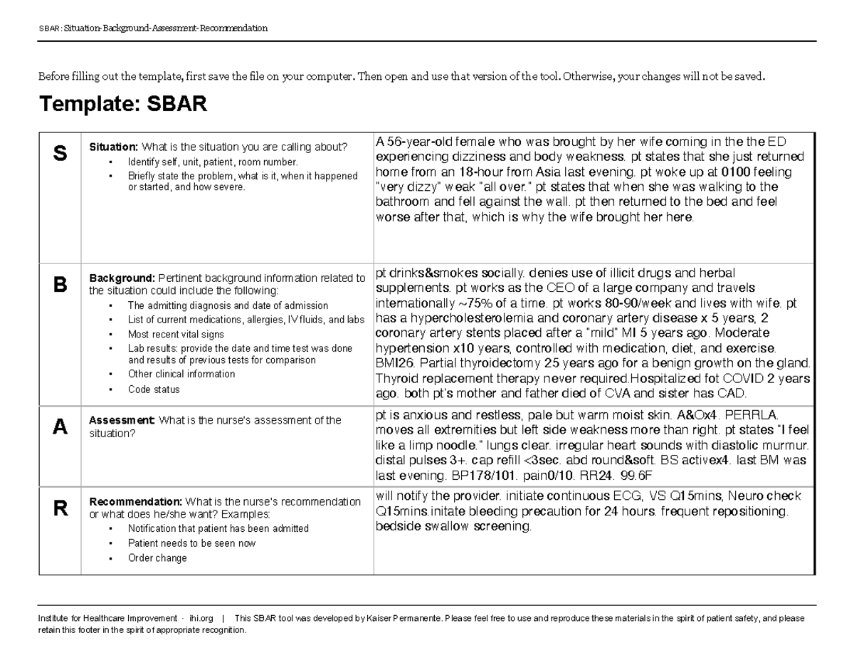SBAR Stroke Assessment - Situation, Background, Assessment ...