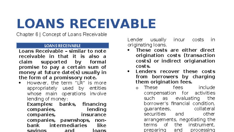 LOANS RECEIVABLE Chapter 6: Understanding the Concept and Accounting ...