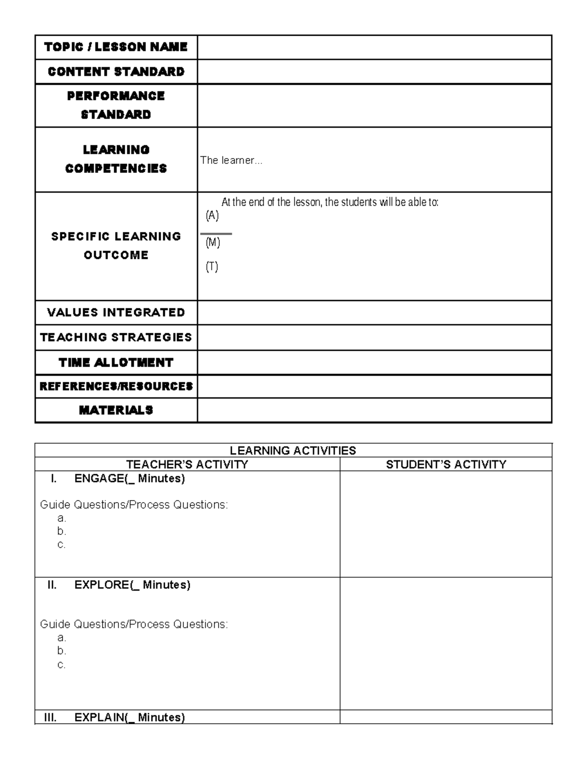 5Es-LP-Format - N/A - TOPIC / LESSON NAME CONTENT STANDARD PERFORMANCE STANDARD LEARNING - Studocu