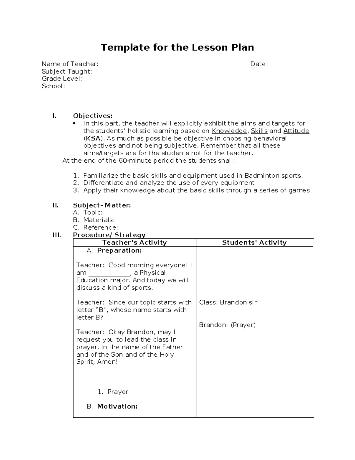 Detailed Lesson Plan Template for BPED 22: Badminton Basics - Studocu