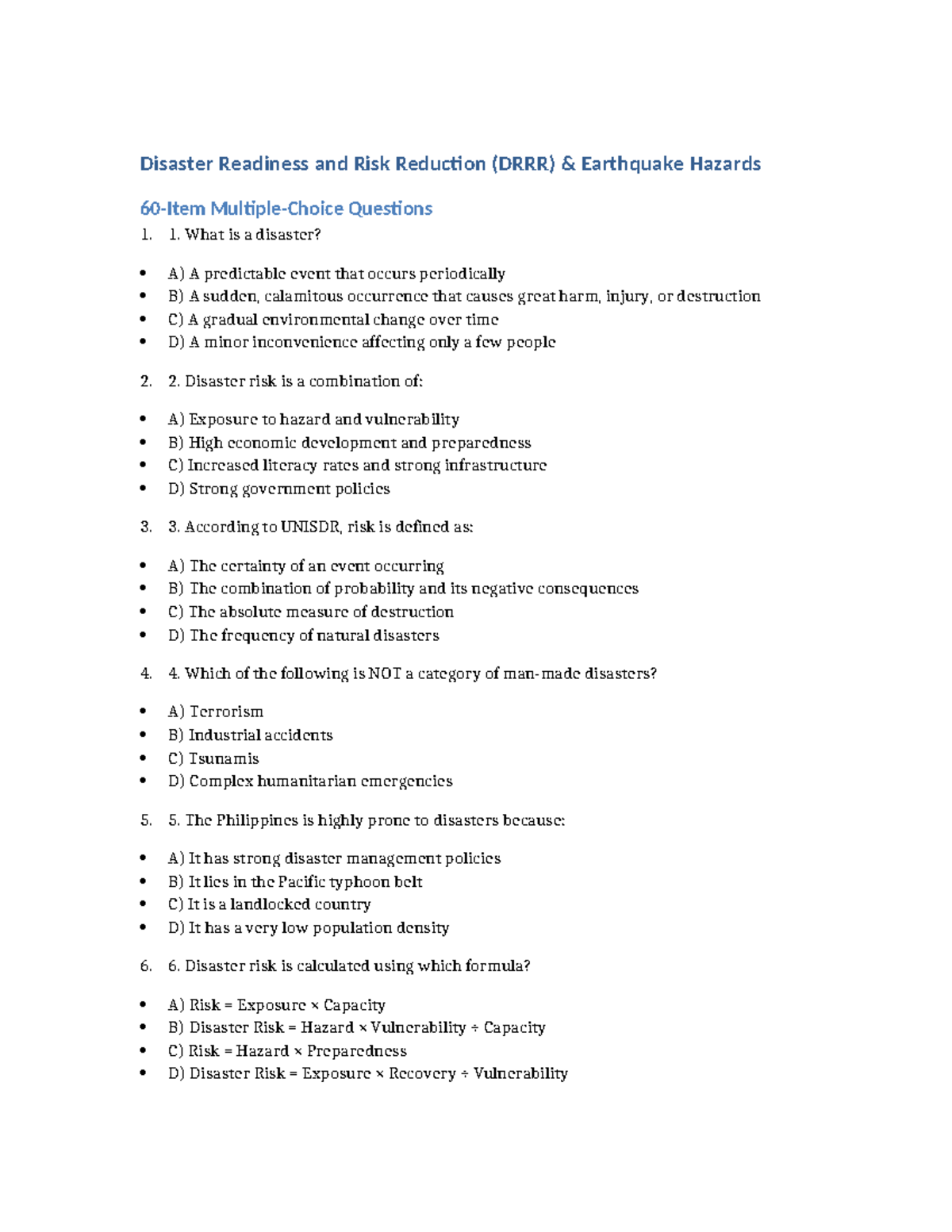 DRRR 60 Item Questions - jhb - Disaster Readiness and Risk Reduction ...