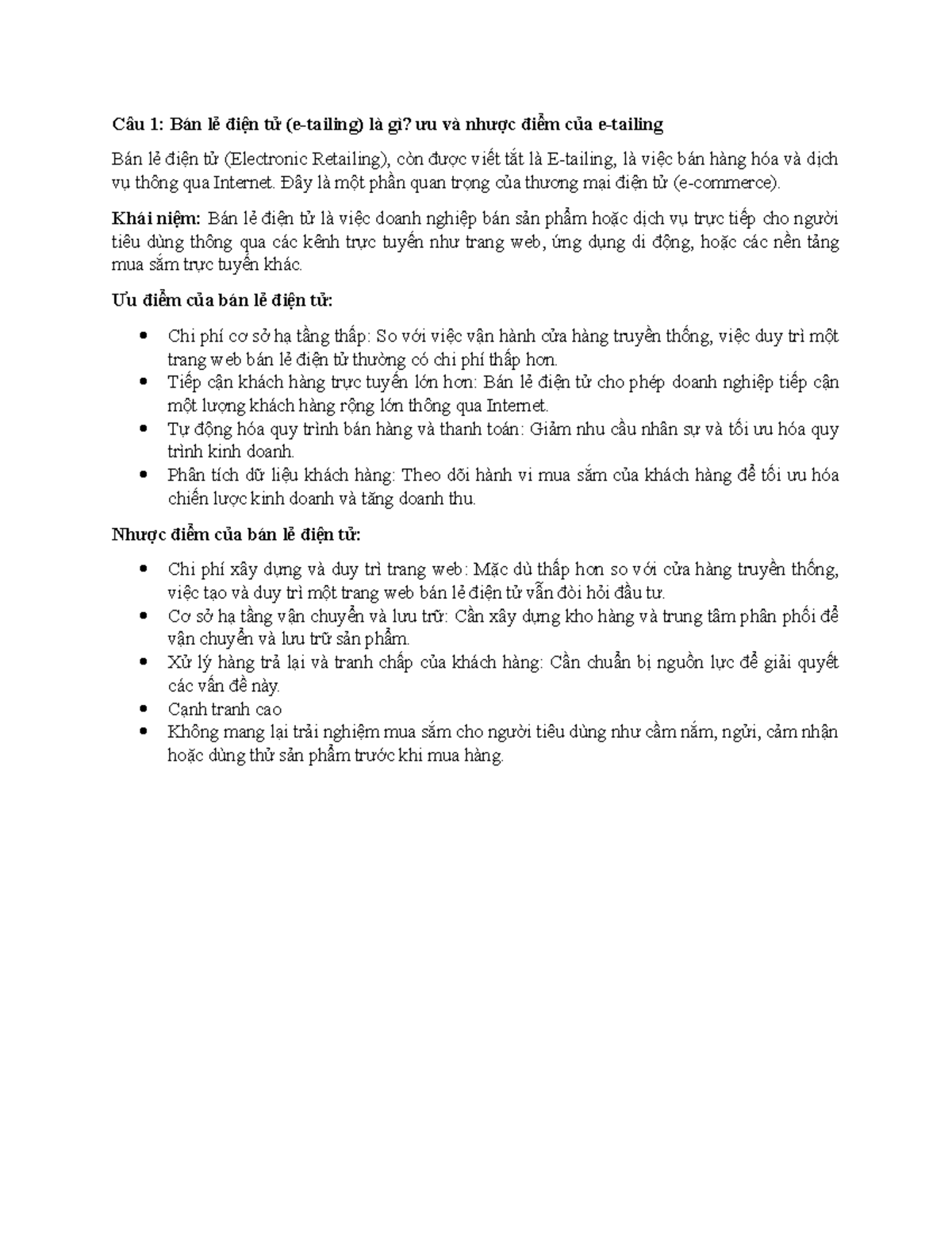 E-Tailing CAU 1,2: Khái Niệm, Ưu và Nhược Điểm của E-tailing - Studocu