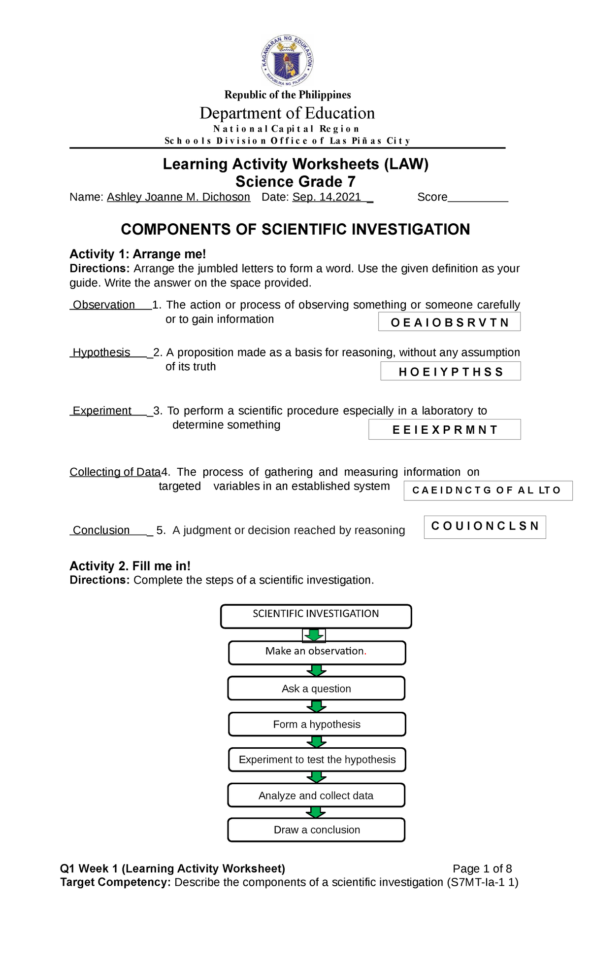 Learning Activity Worksheet - week 1, COMPONENTS OF SCIENTIFIC ...