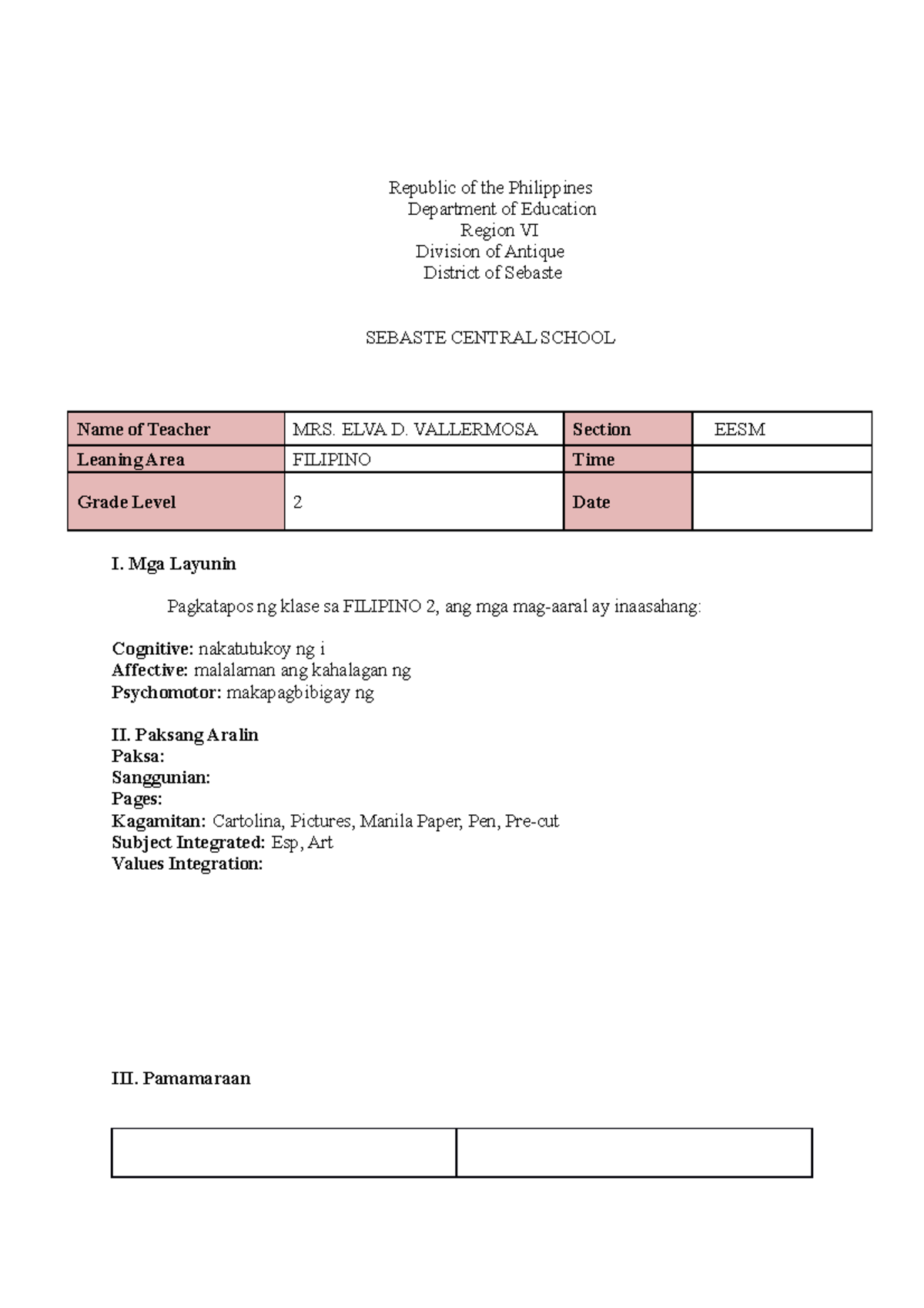 LP in Filipino 2 - Sample Lesson Plan for Grade 2 Students - Studocu