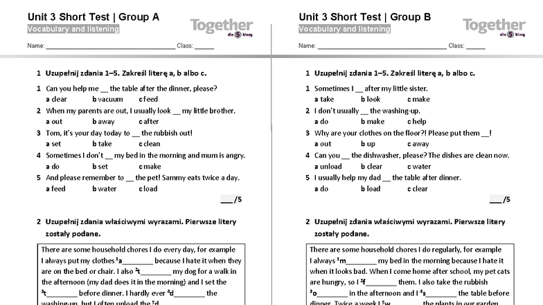 Together kl5 Unit 3 Short Test: Vocabulary & Listening - Studocu