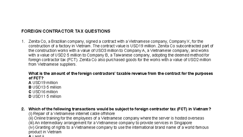 FCT questions - FCT - FOREIGN CONTRACTOR TAX QUESTIONS Zenita Co, a ...