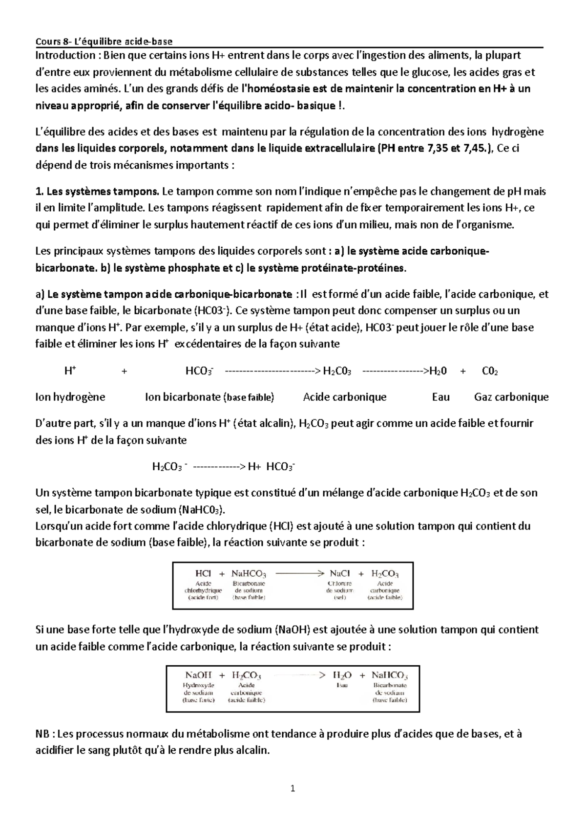 Cours 8 : Équilibre Acide-Base et Systèmes Tampons dans le Corps - Studocu