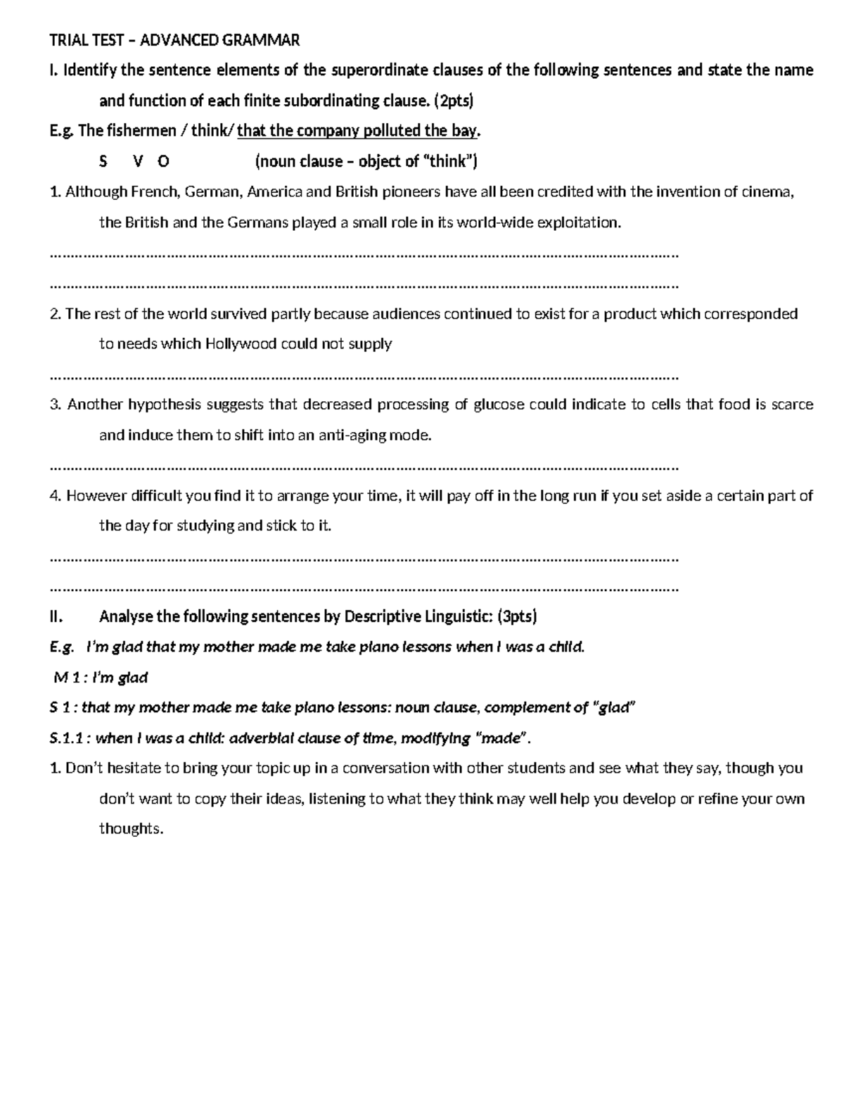 TRIAL TEST ADVANCED GRAMMAR I - Sentence Structure Analysis - Studocu