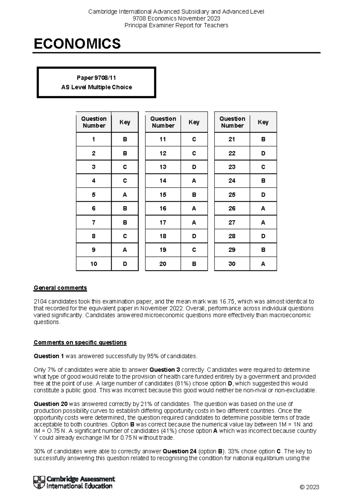 Cambridge International A Level 9708 Economics Nov 2023 Principal ...