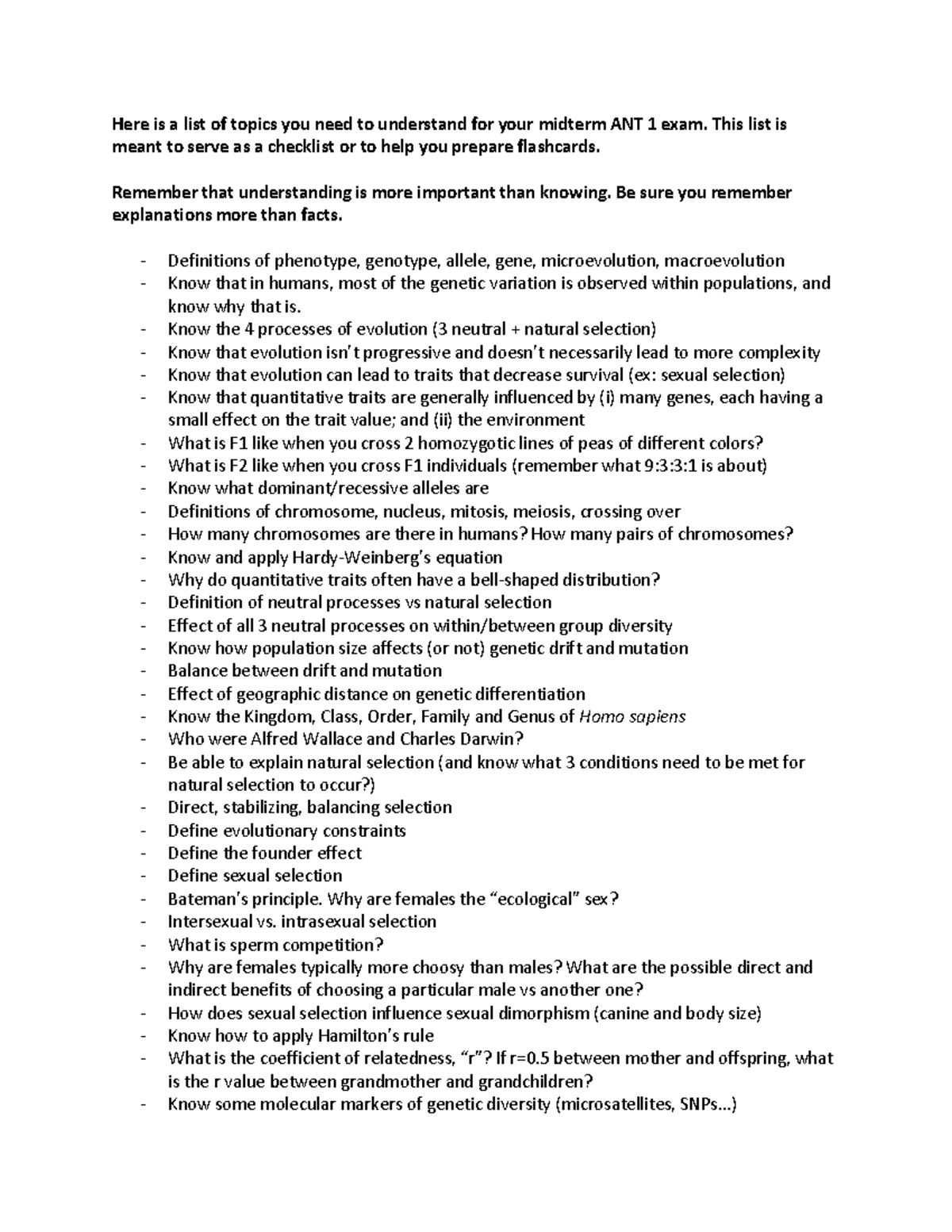 Midterm Exam Checklist for ANT 1: Key Topics to Understand - Studocu