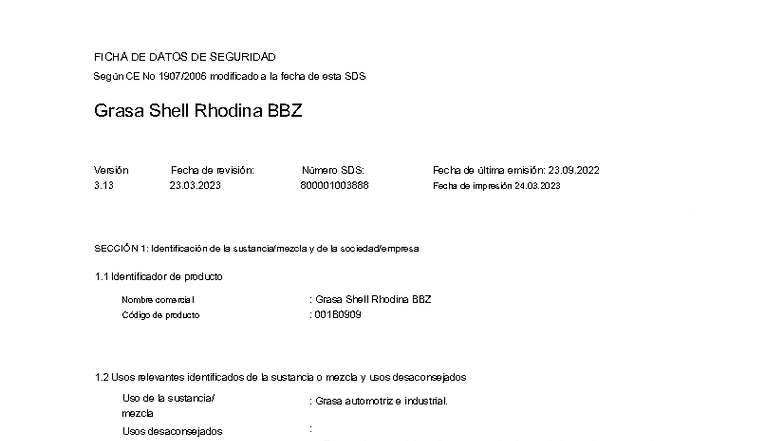 Ficha de Datos de Seguridad (SDS) Grasa Shell Rhodina BBZ - Versión 3. ...