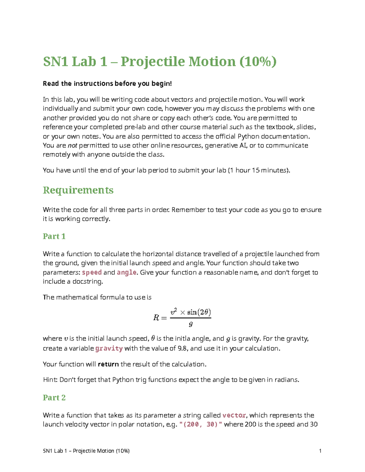 SN1 Lab 1: Coding Projectile Motion with Vectors - Studocu