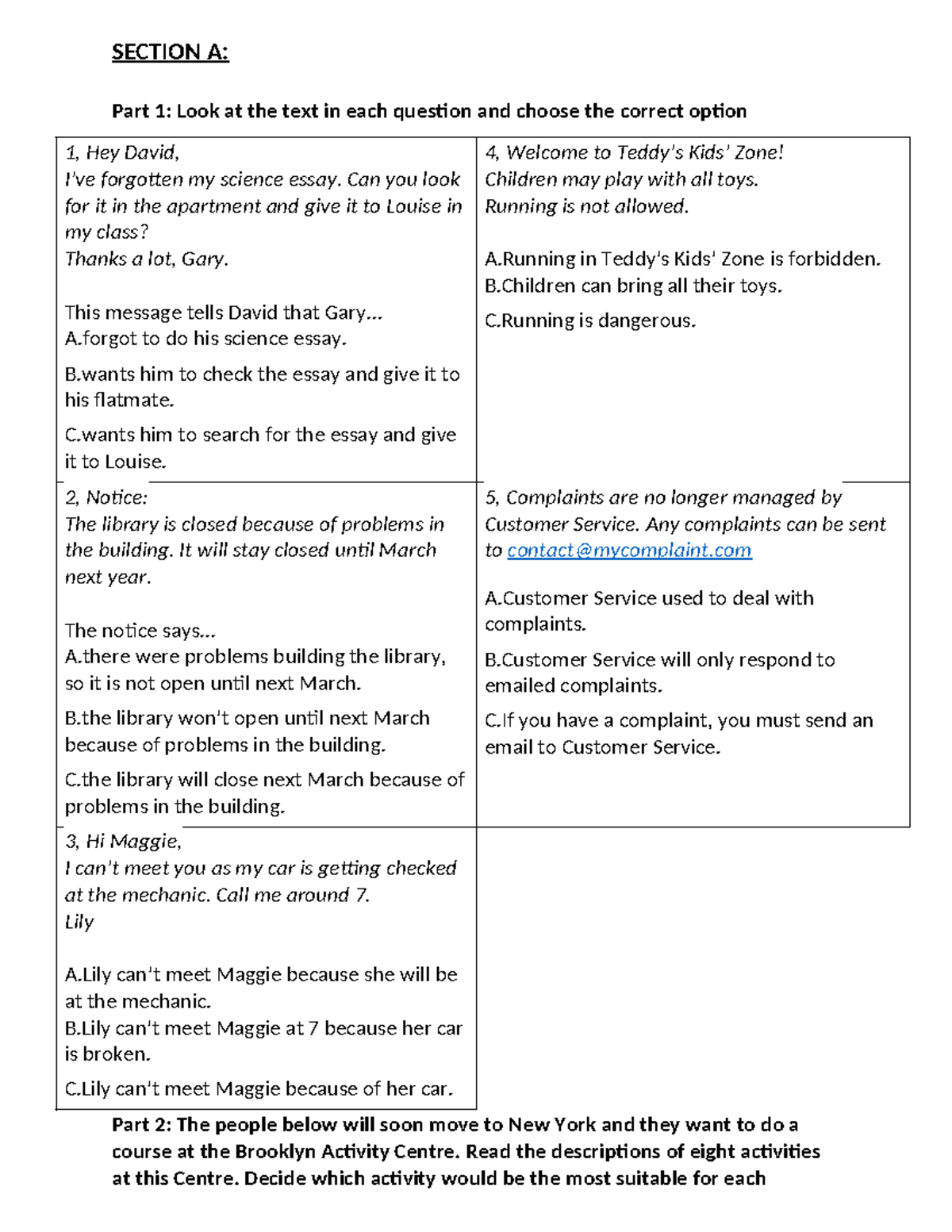 Test B1 - Reading Comprehension Practice and Activities - Studocu