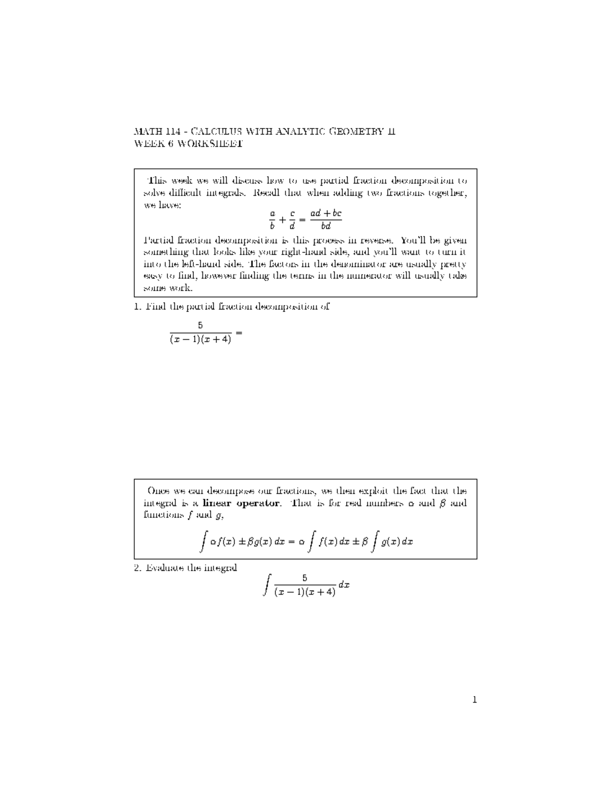 MATH 114 CALCULUS II WEEK 6 WORKSHEET: Partial Fractions - Studocu