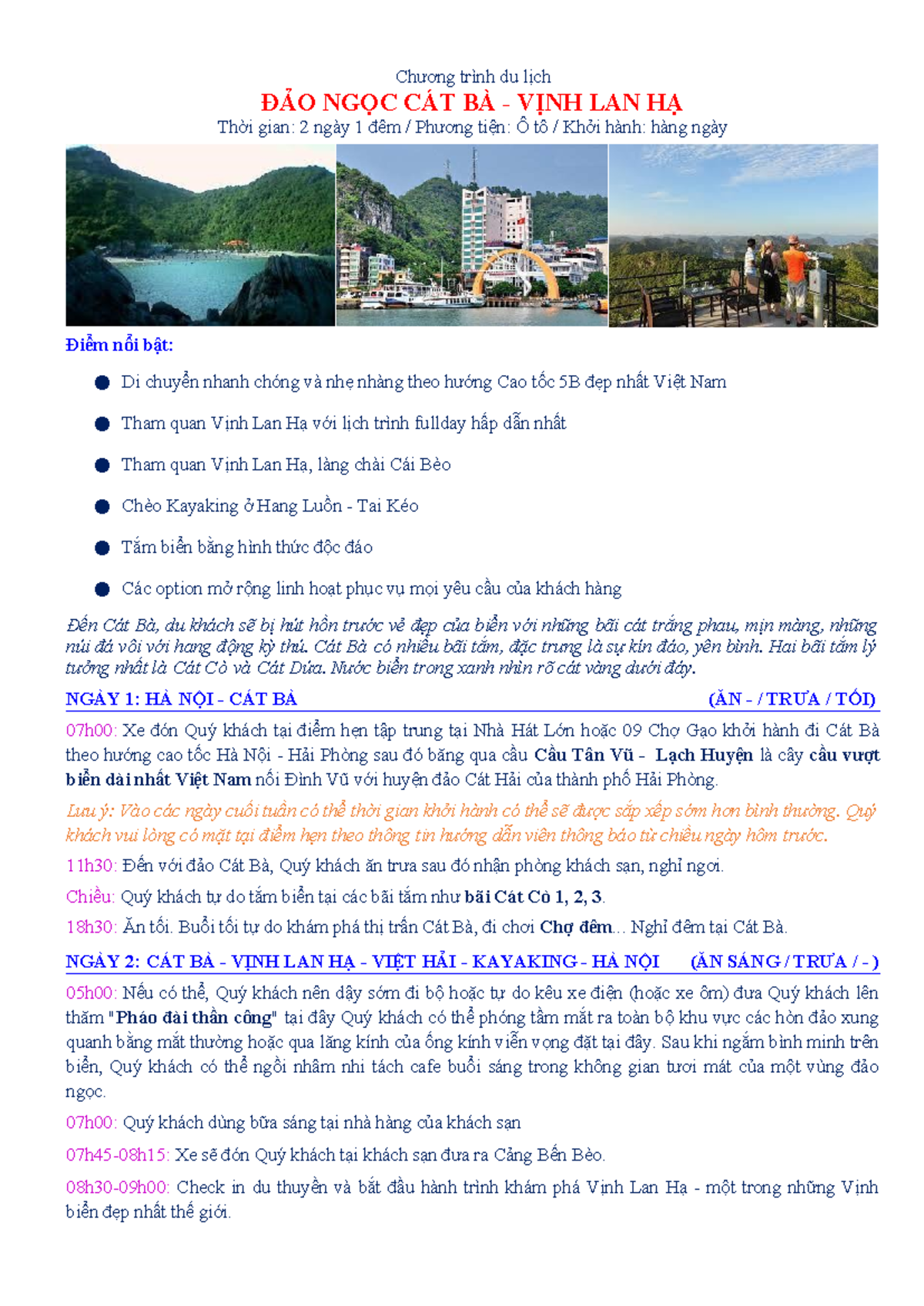 CBA.021.022.023.024. Chương Trình Du Lịch Cát Bà - Vịnh Lan Hạ 2N1Đ ...