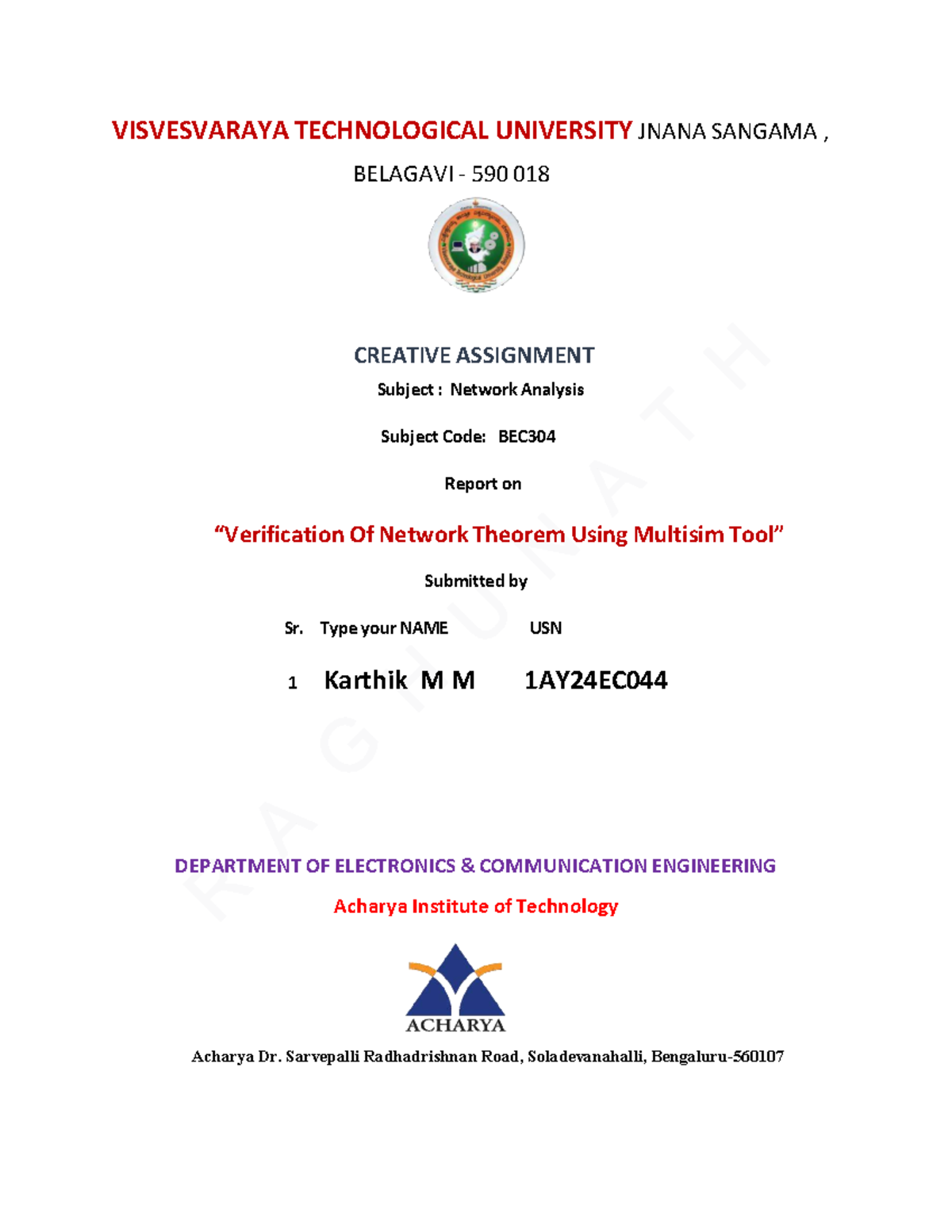 Network Analysis Assignment BEC304: Network Theorems Using Multisim ...