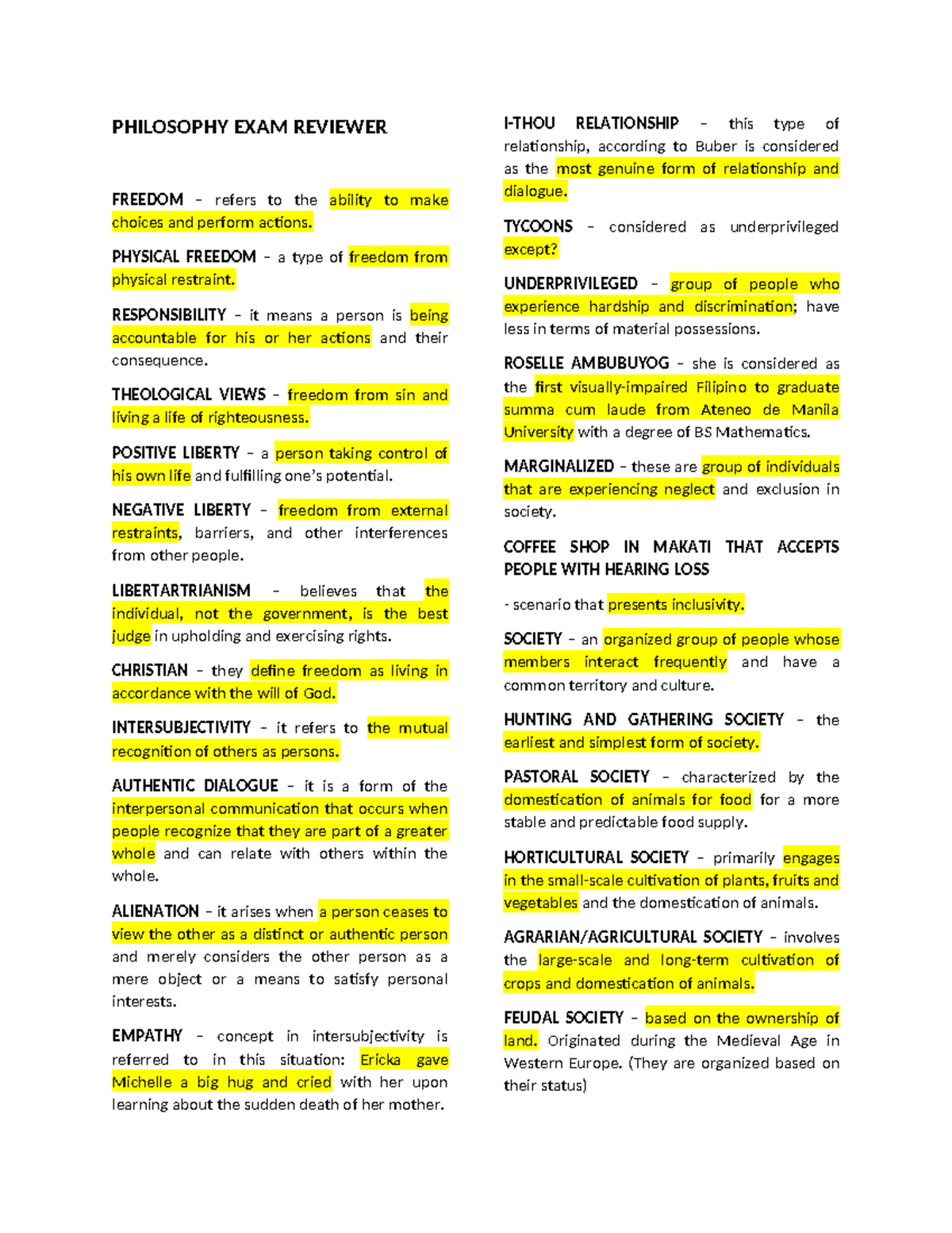 PHIL 101 FINAL EXAM REVIEWER: Concepts of Freedom and Society - Studocu