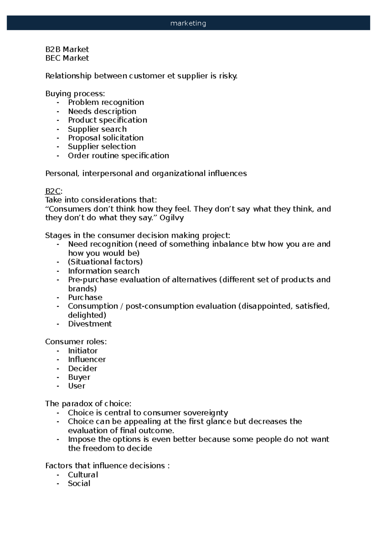 Class 2 Marketing - B2B & B2C Consumer Decision-Making Insights - Studocu