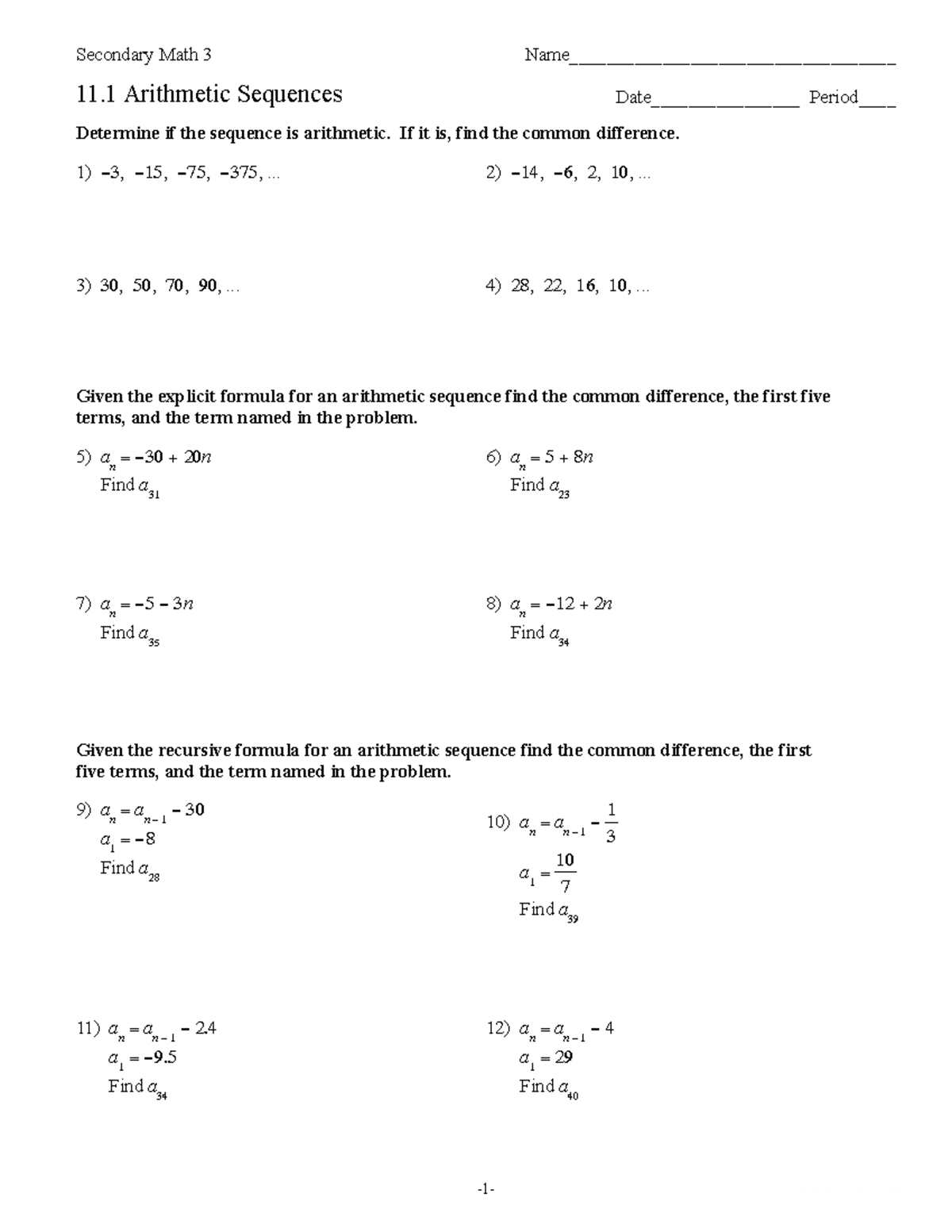 Secondary Math 3: 11.1 Arithmetic Sequences Worksheet - Studocu