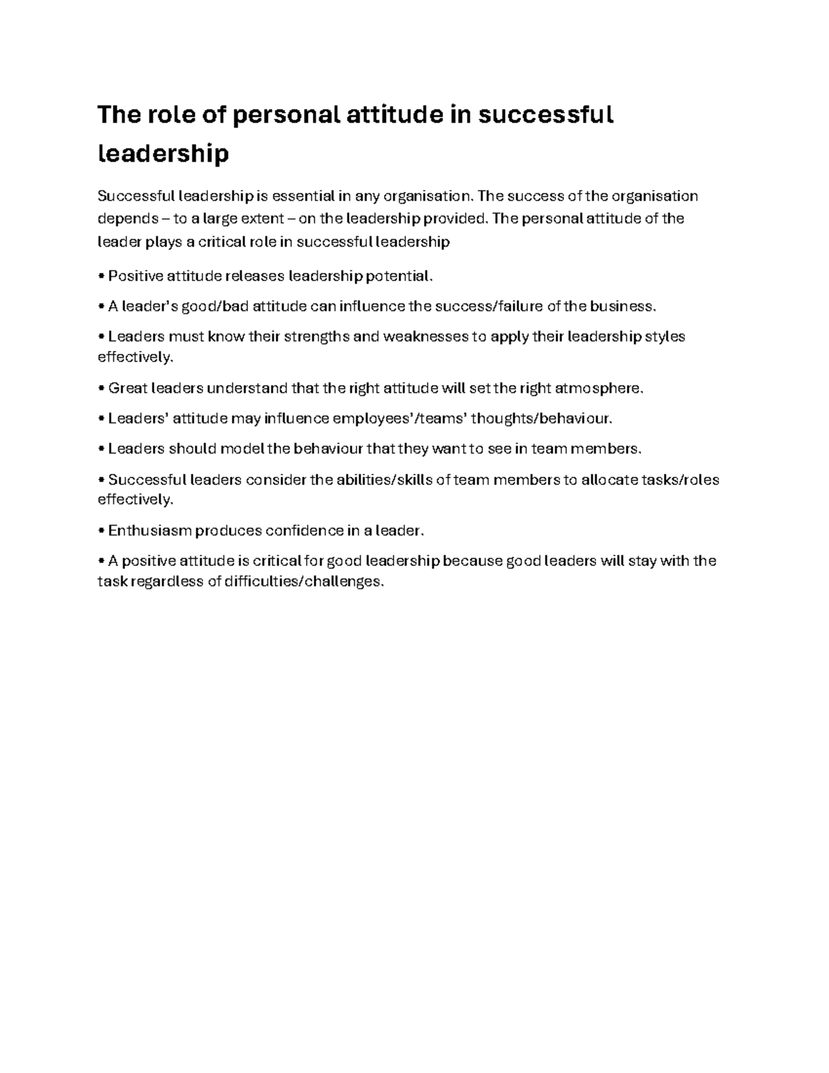 The Impact of Personal Attitude on Leadership Success - Studocu