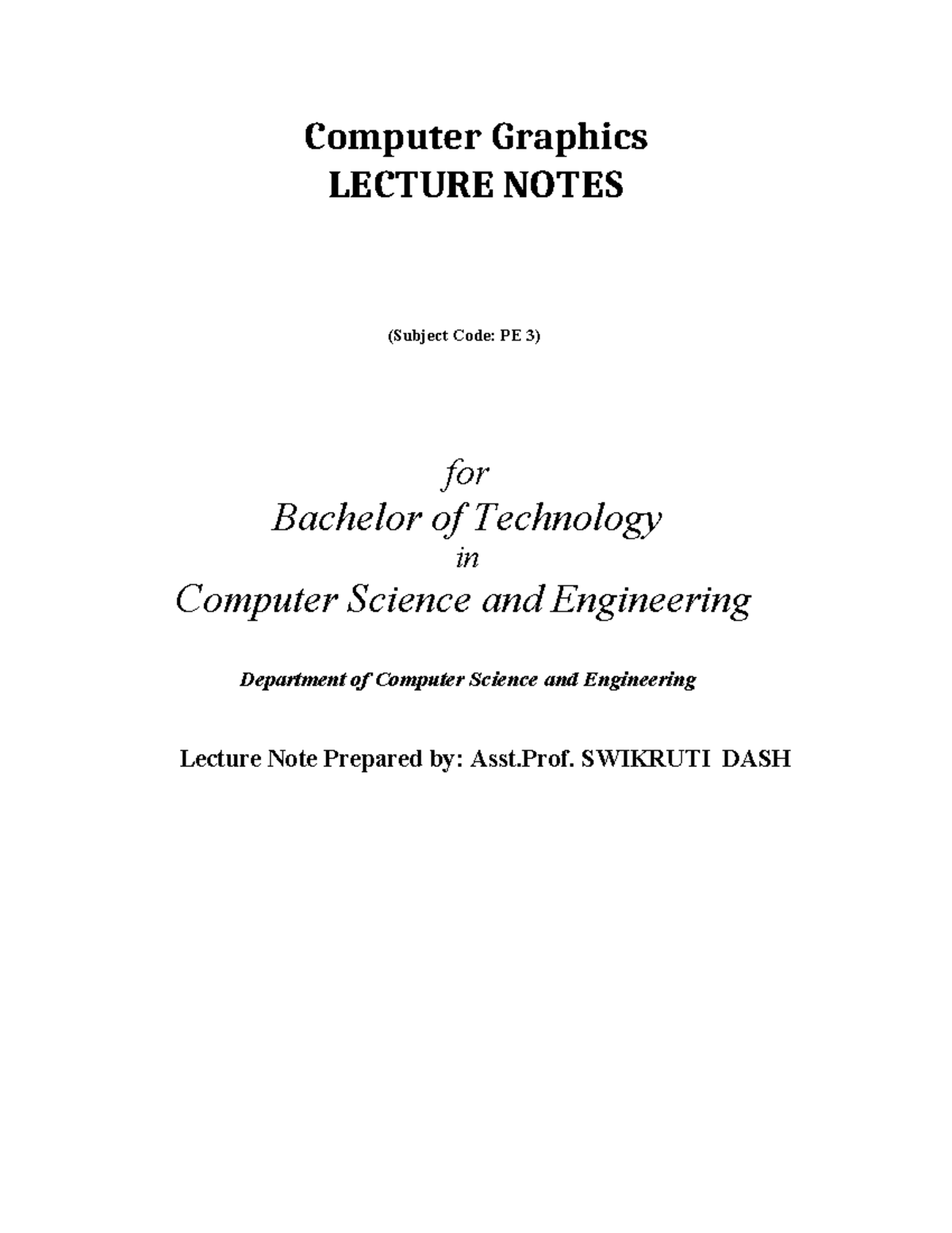 Computer Graphics Notes - Computer Graphics LECTURE NOTES (Subject Code ...
