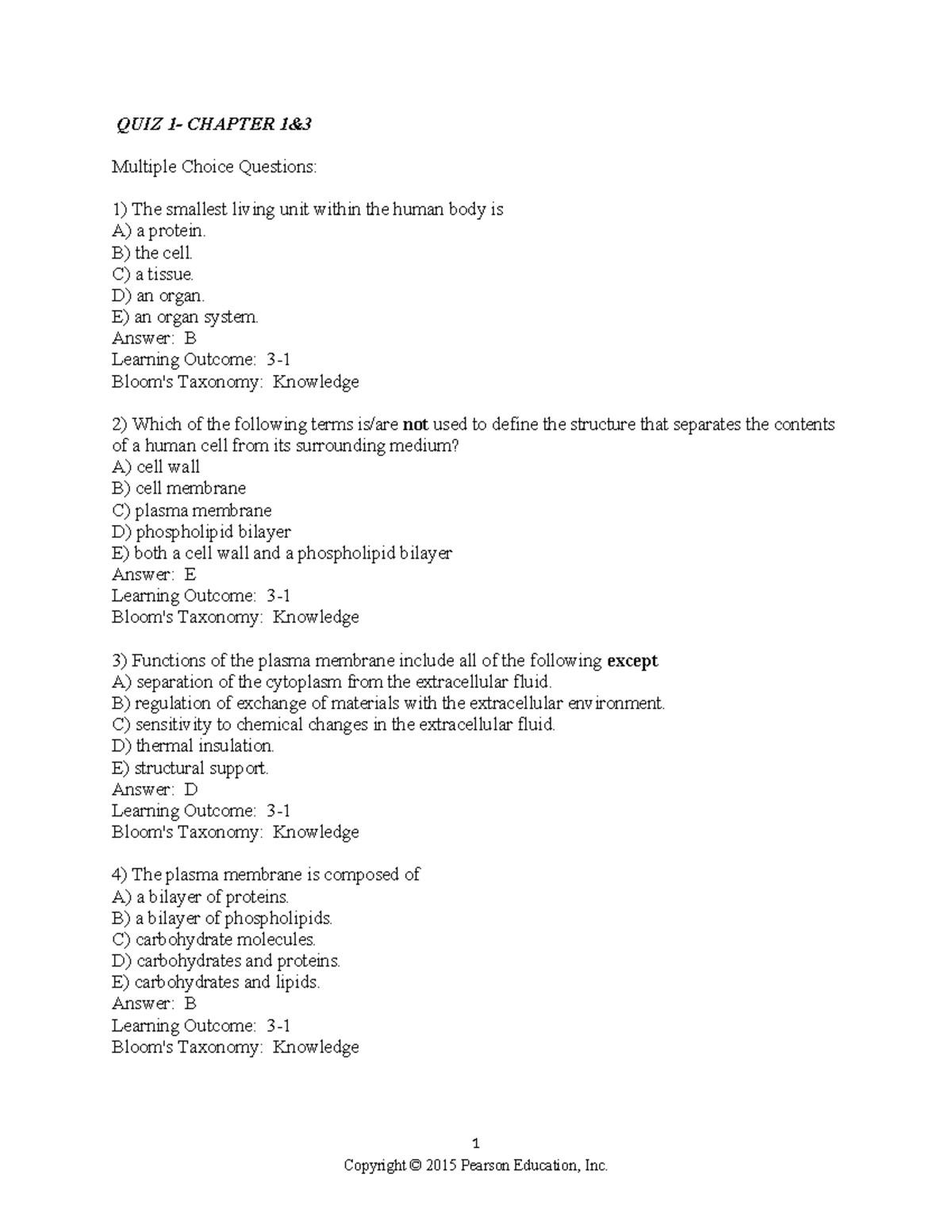 QUIZ CH1: Multiple Choice Questions on Cell Structure and Function ...