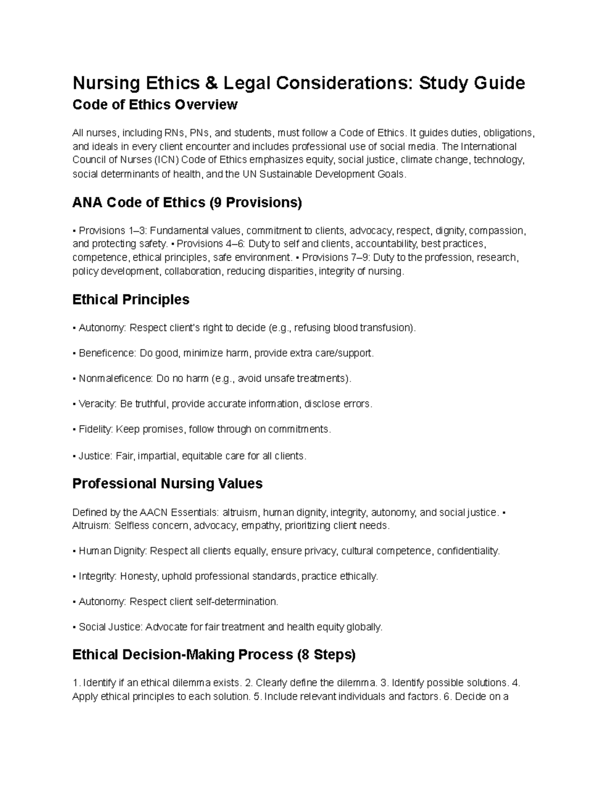 Nursing Ethics & Legal Considerations: Study Guide Overview - Studocu