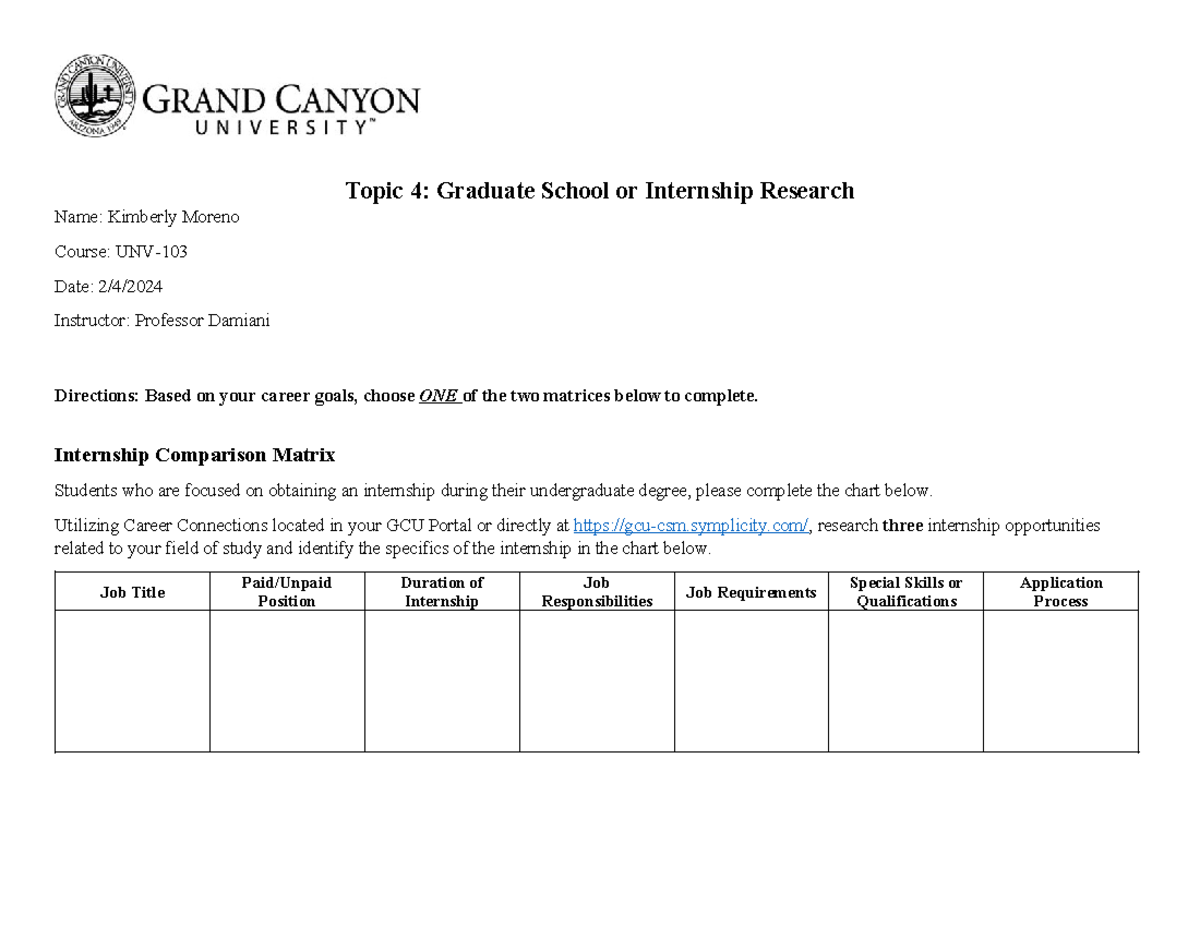 UNV Graduate School vs Internship Research Matrix Guide - Studocu