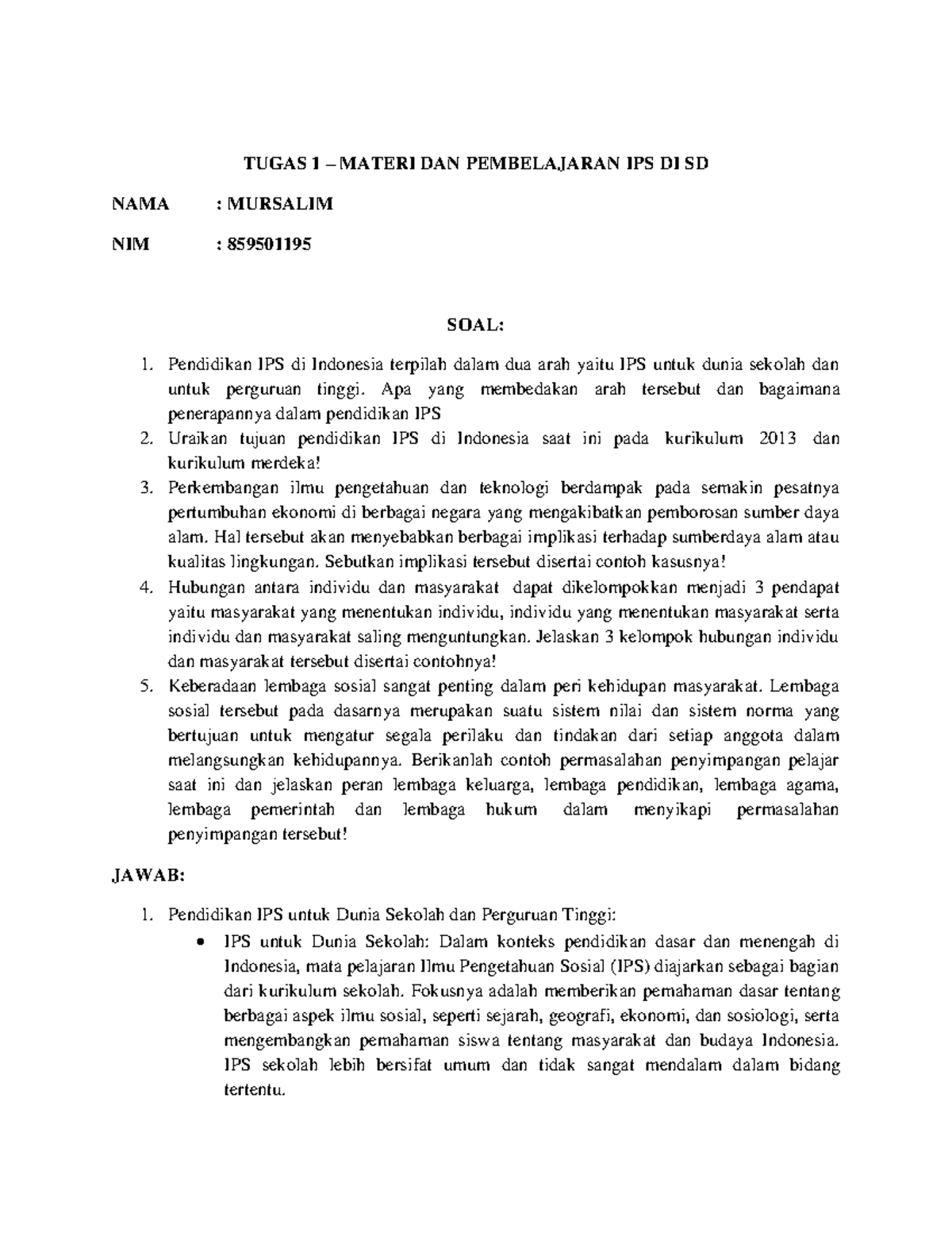 TT1 Tugas 1: Materi Pendidikan IPS di Sekolah Dasar dan Implikasinya - Studocu