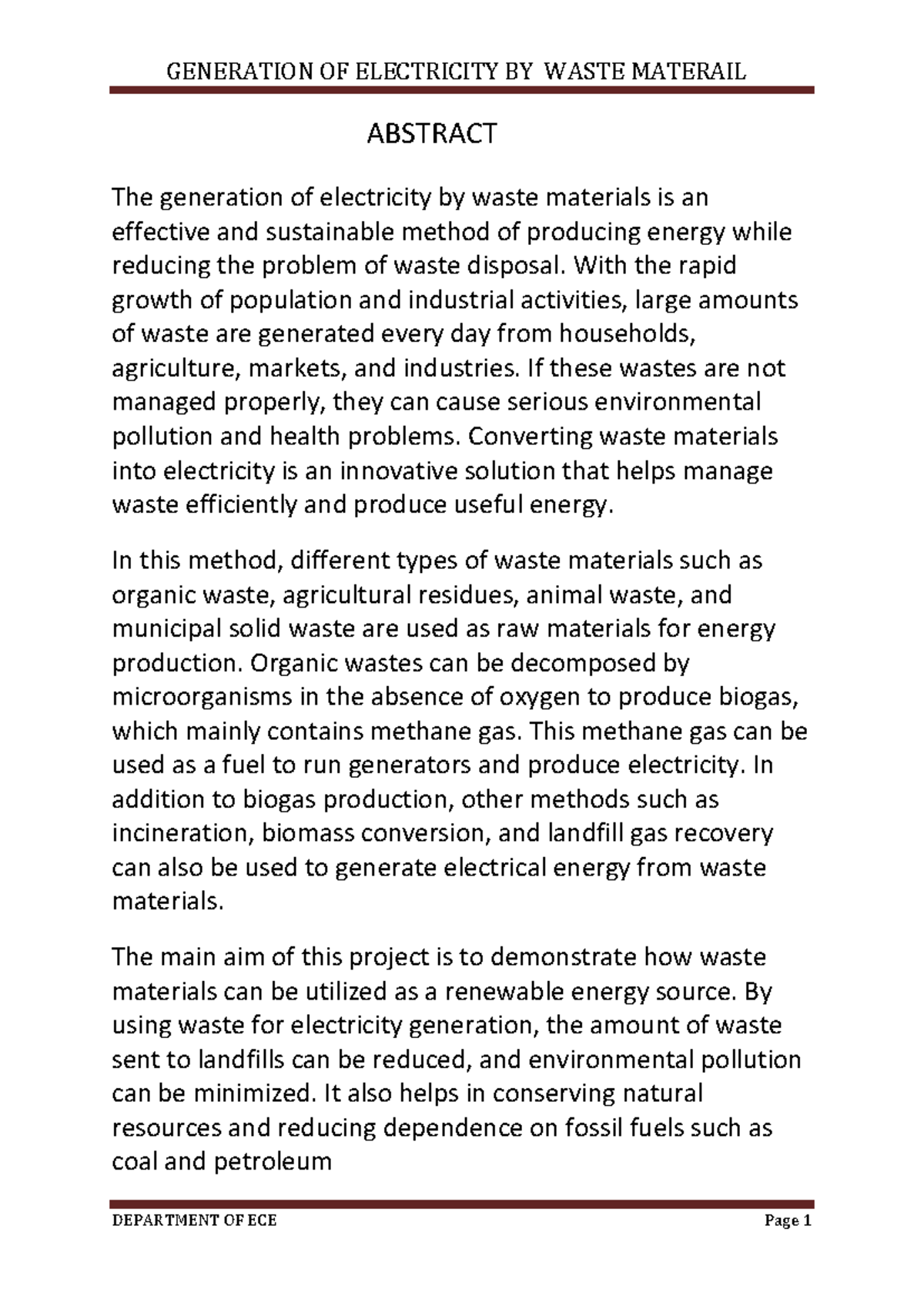 Generation of Electricity from Waste Materials - ECE Project 1 - Studocu