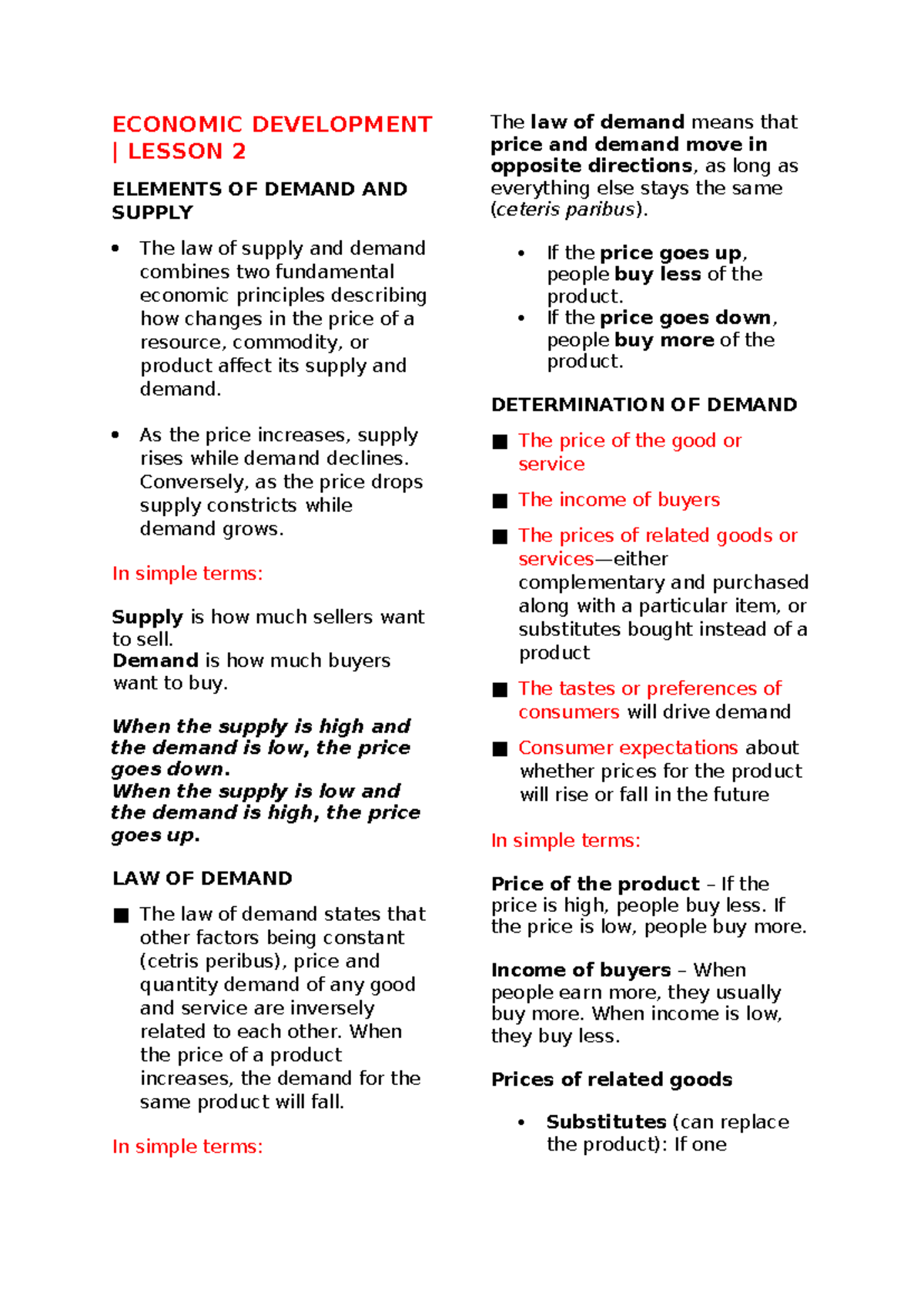 ECON 101: Economic Development Lesson 2 - Demand & Supply Elements ...