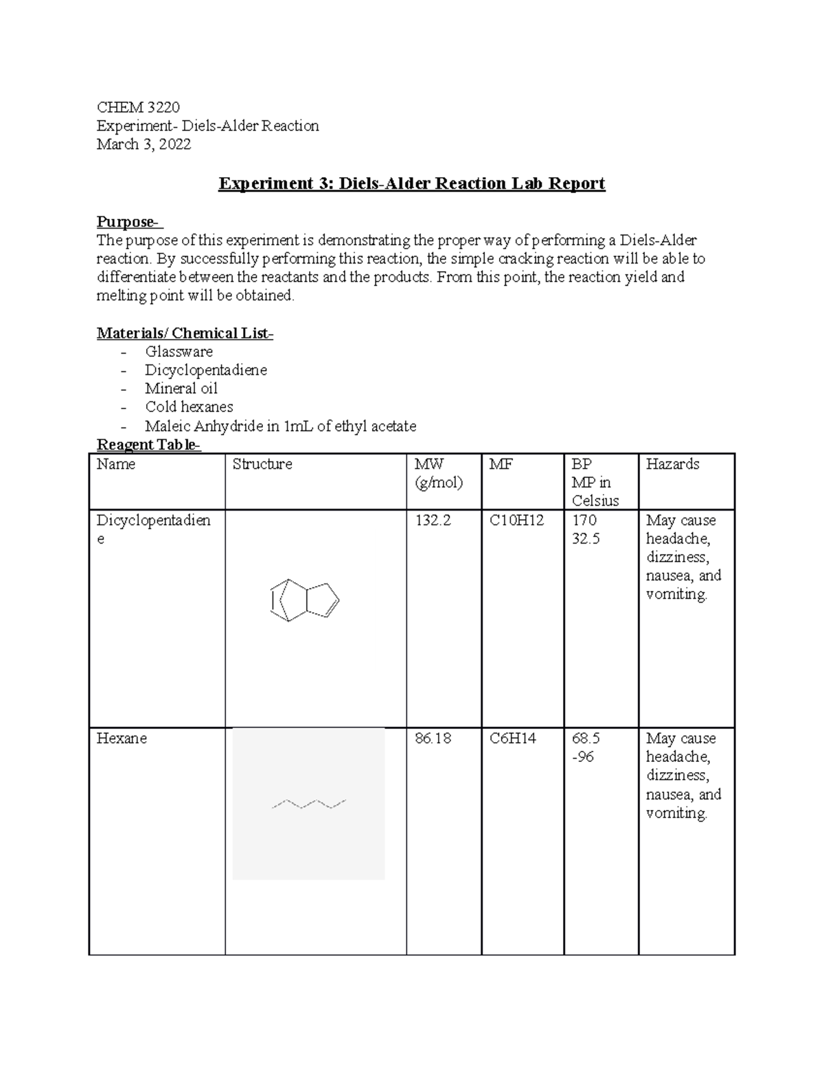 Diels-Alder Reaction Lab Report - CHEM 3220 Experiment- Diels-Alder Reaction March 3, 2022 - Studocu