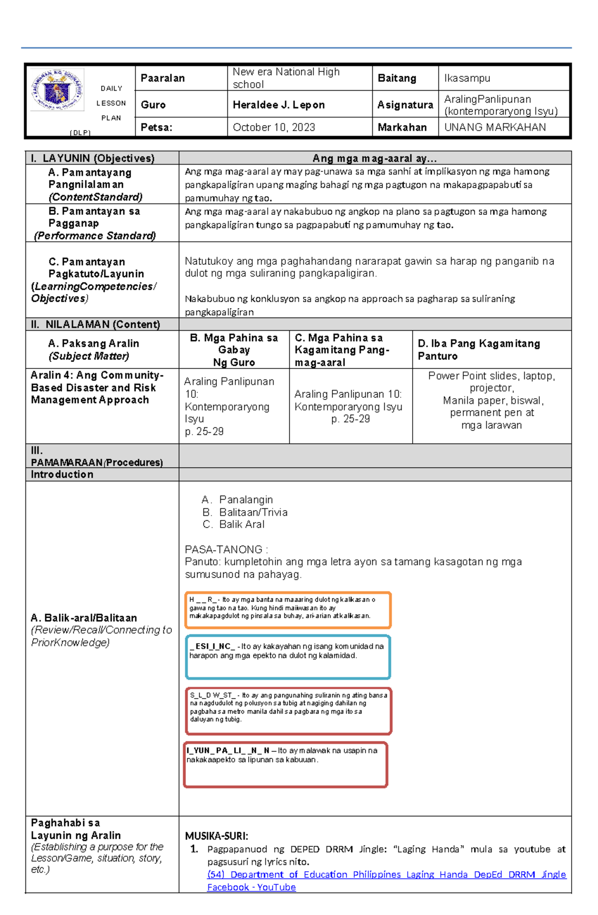 COT 1: Approaches to Community-Based Disaster Risk Management (CBDRRM ...