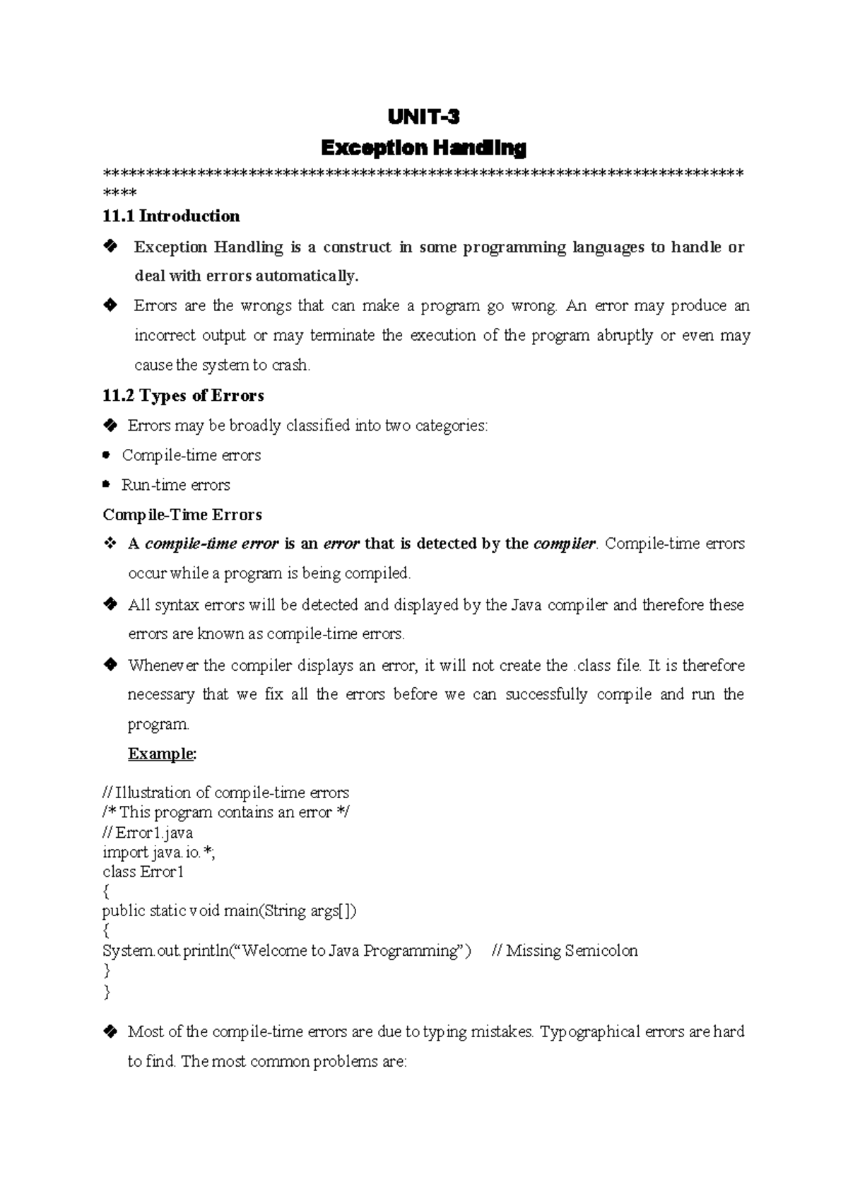 Exception Handling and Multithreading Concepts - UNIT-3 - Studocu