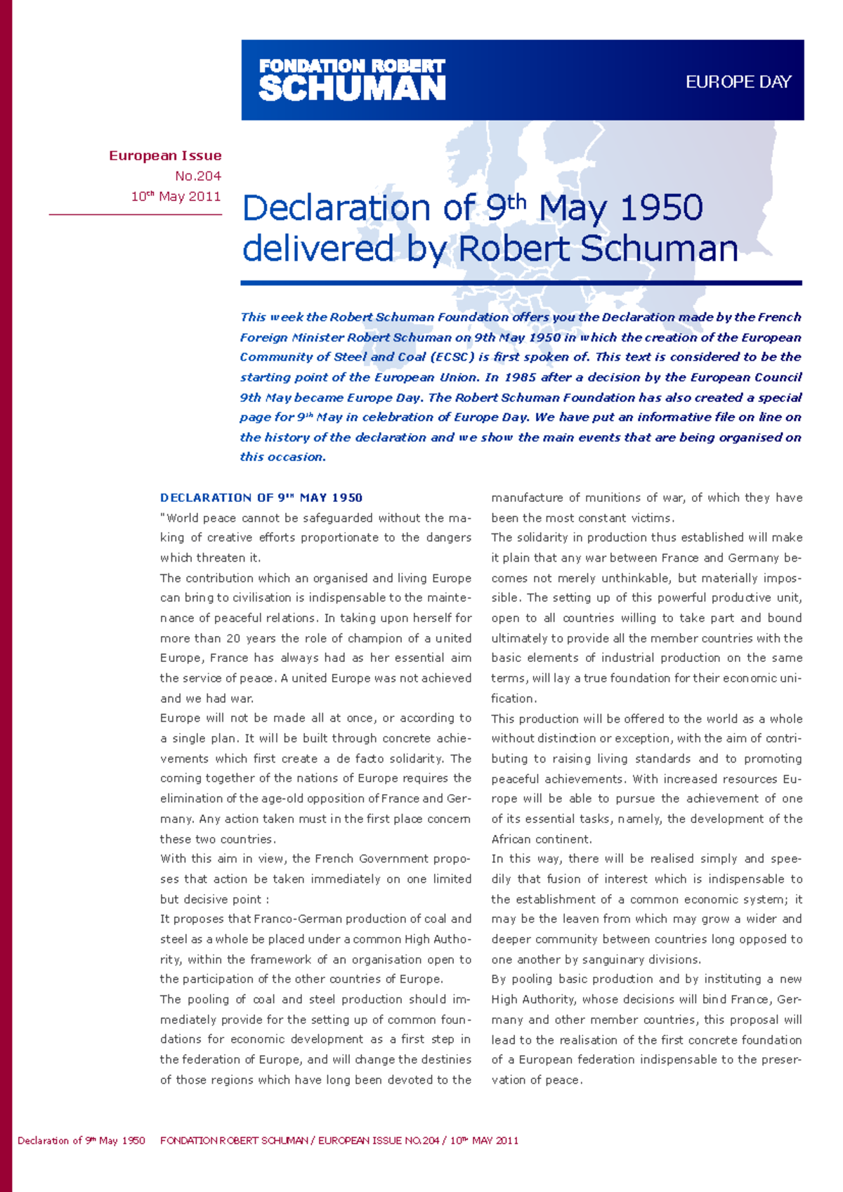 Schuman Declaration - Deklaracja - declaration of 9th may 1950 ...