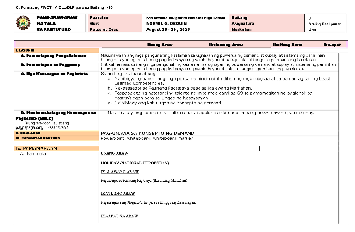 PIVOT 4A: Araling Panlipunan G9 Week 1 Lesson Plan (Aug 25-29, 2025 ...