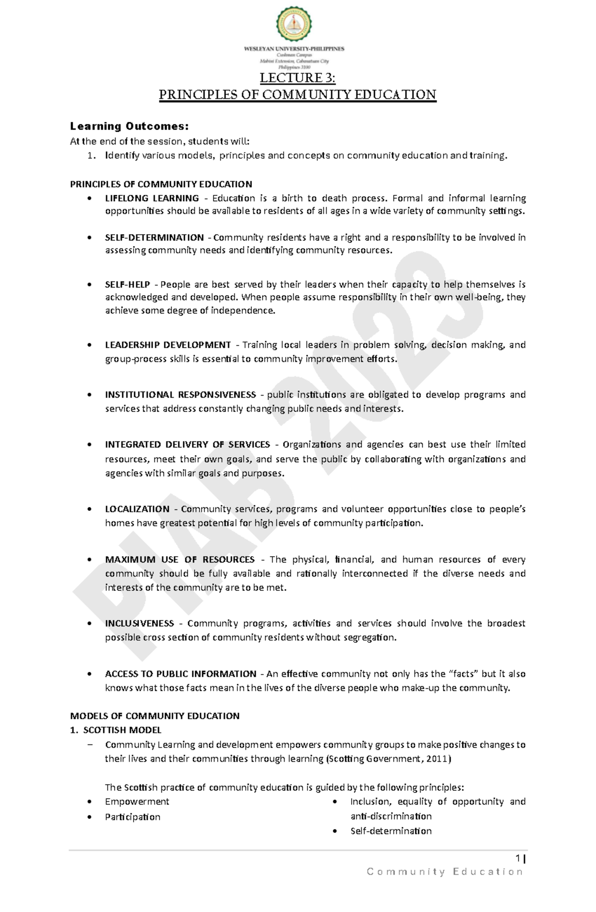 Community Education - Lecture 34: Principles & Models Explained - Studocu