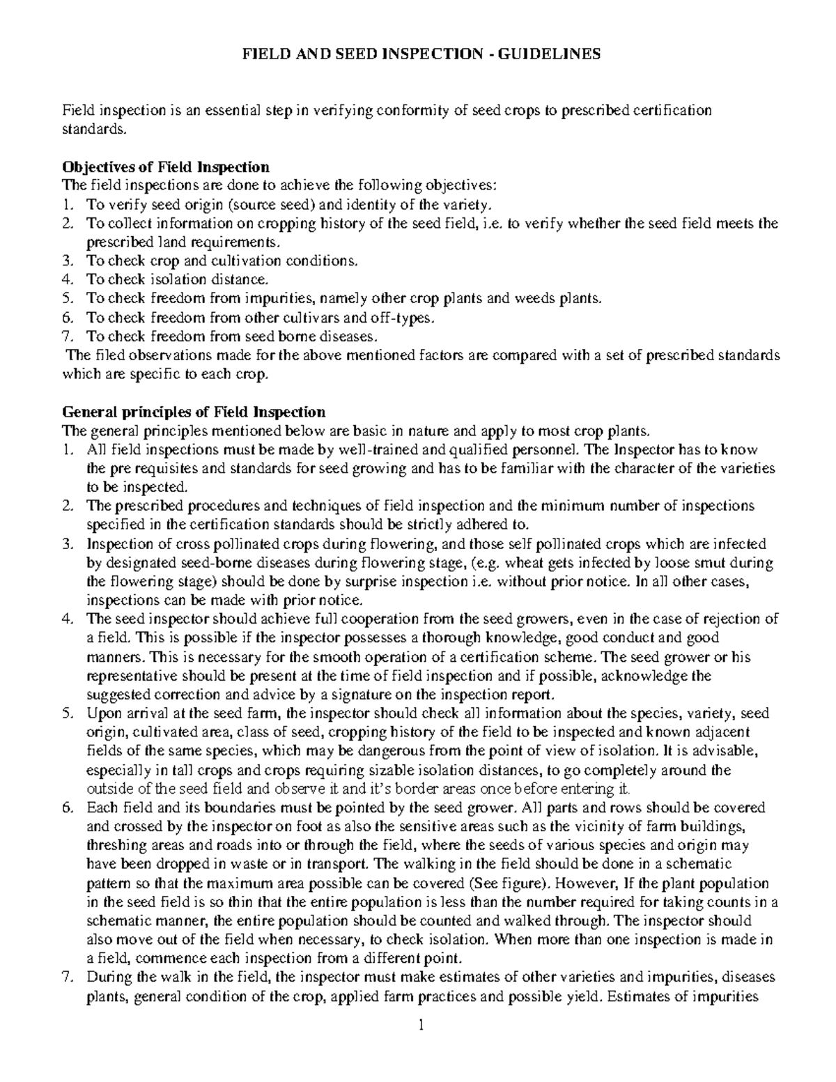 Field and Seed Inspection Guidelines for Certification Standards - Studocu