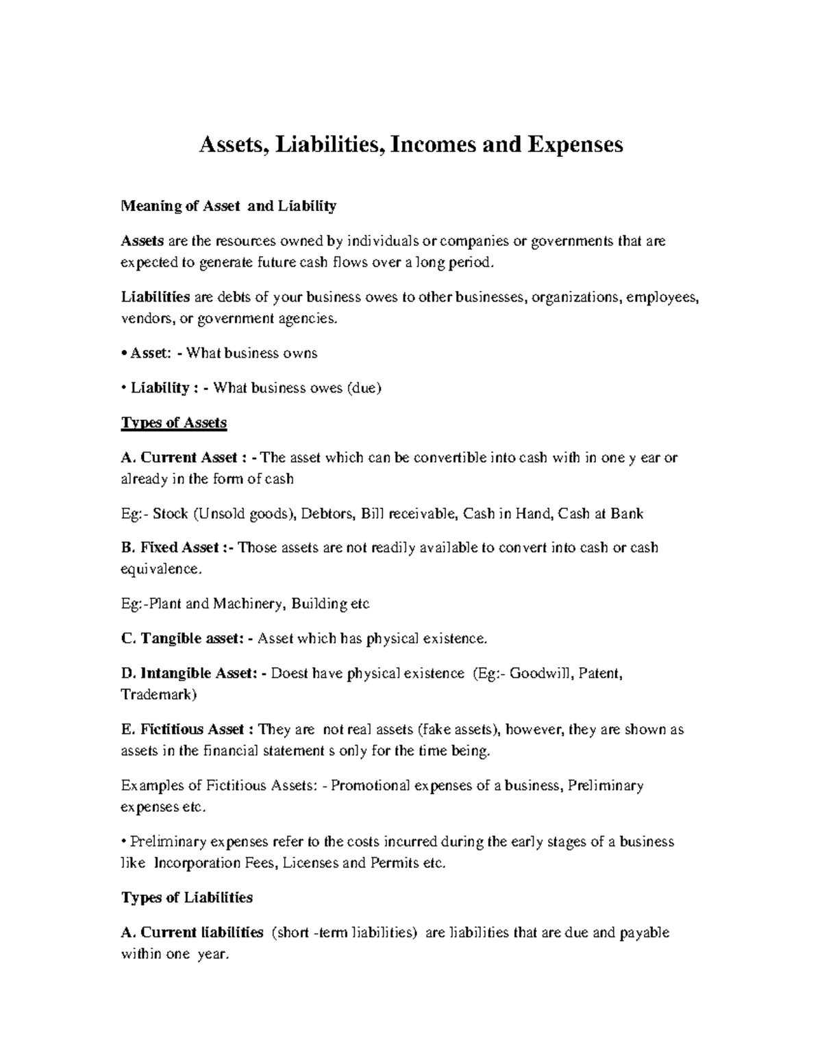 Unit-4: Understanding Assets, Liabilities, Incomes & Expenses - Studocu