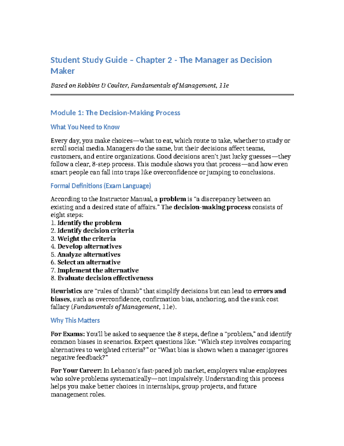 Module 2 Study Guide: Decision Making Approaches in Management ...