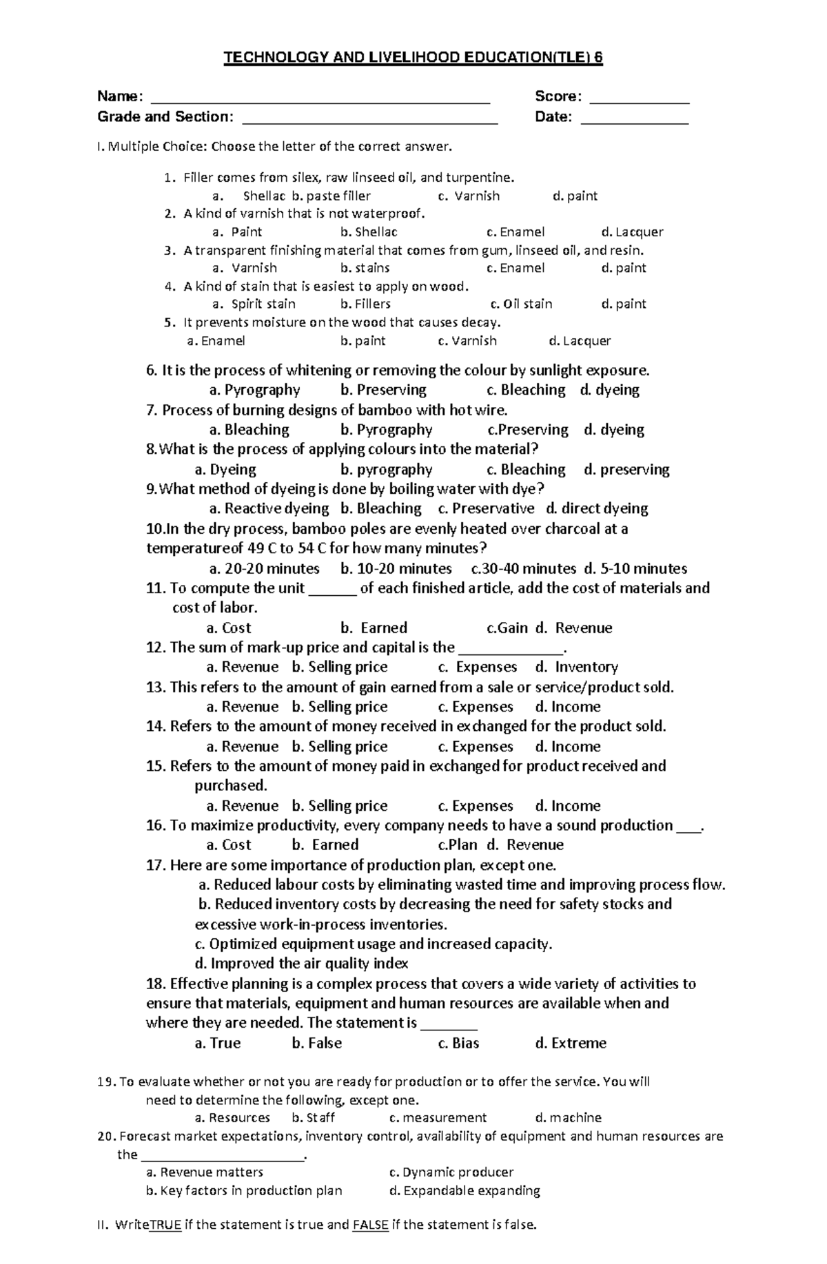 TLE 6 Final Exam Answer Key and Multiple Choice Questions - Studocu