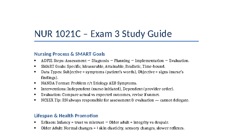 NUR 1021C Exam 3 Study Guide: Nursing Process & SMART Goals - Studocu